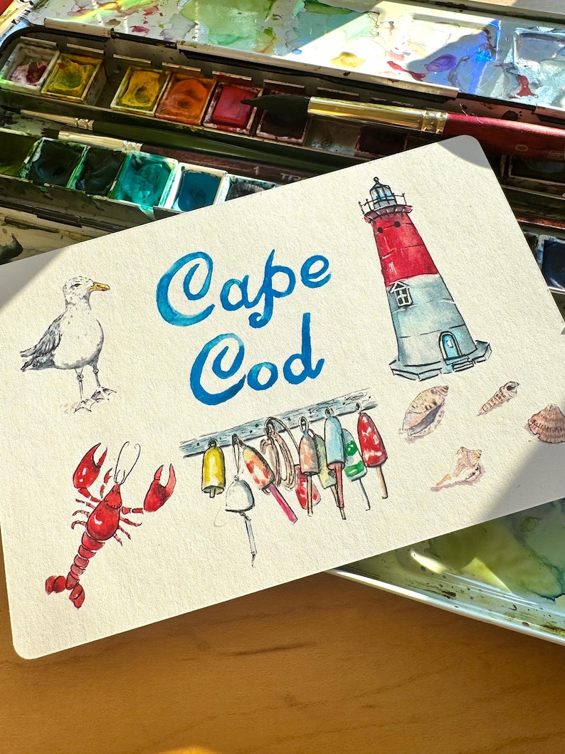 Cape Cod Watercolor Card | Lighthouse, Lobster, Seashells (4x6) - Etsy