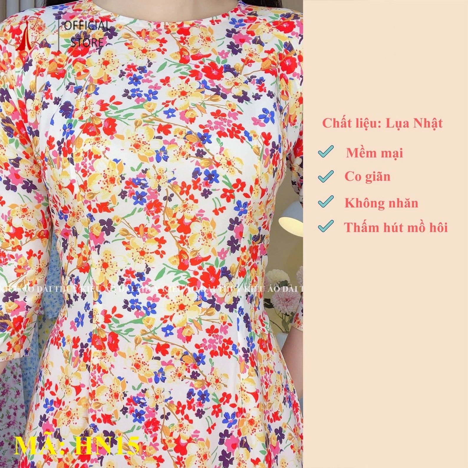 Áo Dài HN15 Hoa Nhí Vải Lụa Cổ Tròn Tay Lỡ - Ao Dai Small Flowers in ...