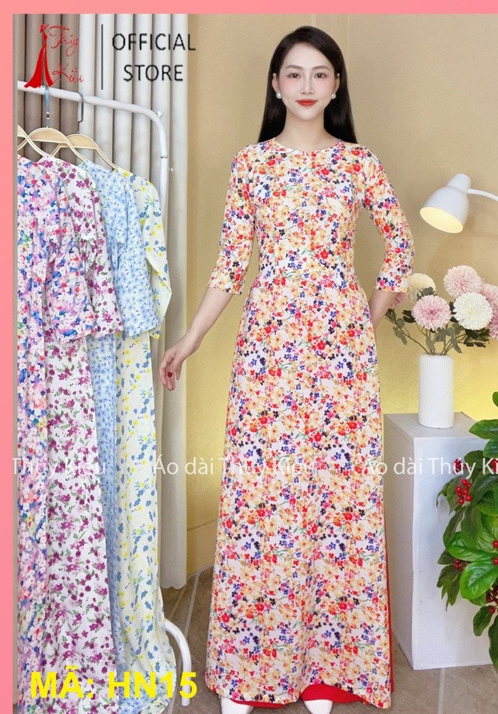 Áo Dài HN15 Hoa Nhí Vải Lụa Cổ Tròn Tay Lỡ - Ao Dai Small Flowers in ...