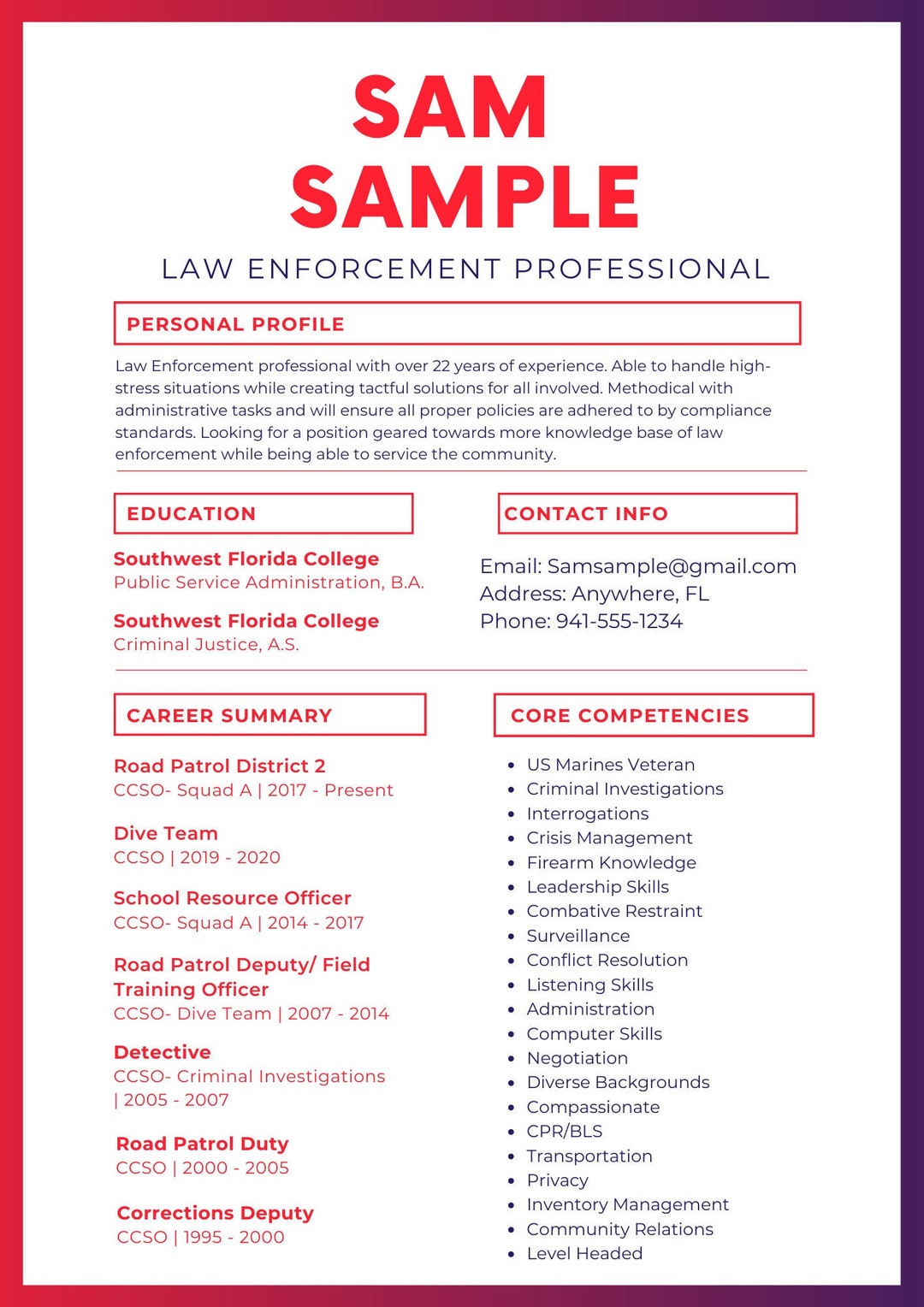 Law Enforcement Seasoned Resume | Professional Resume Template | Ats ...