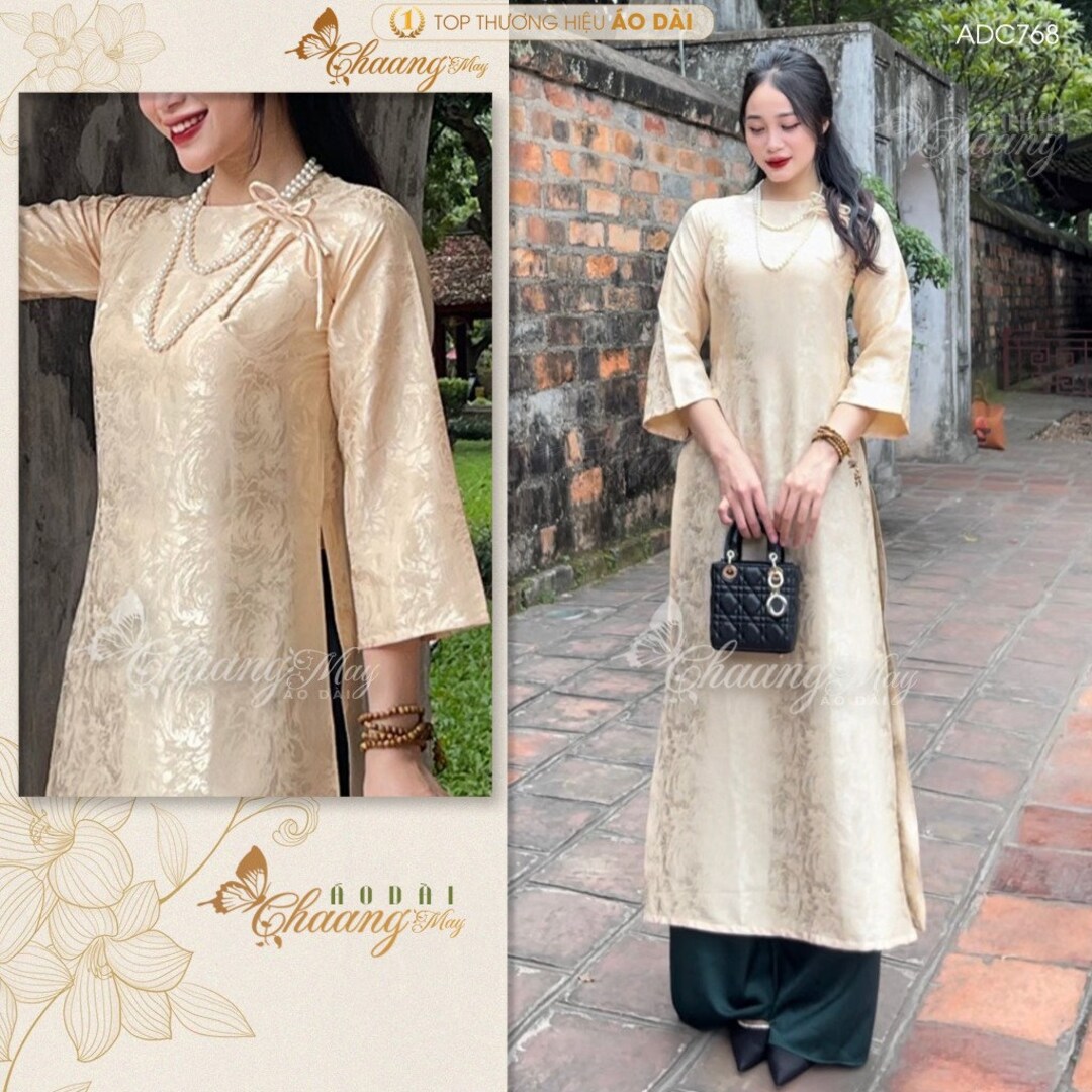Women's Modern Cream Beige Brocade Ao Dai With Loose Shape-Áo Dài Gấm ...