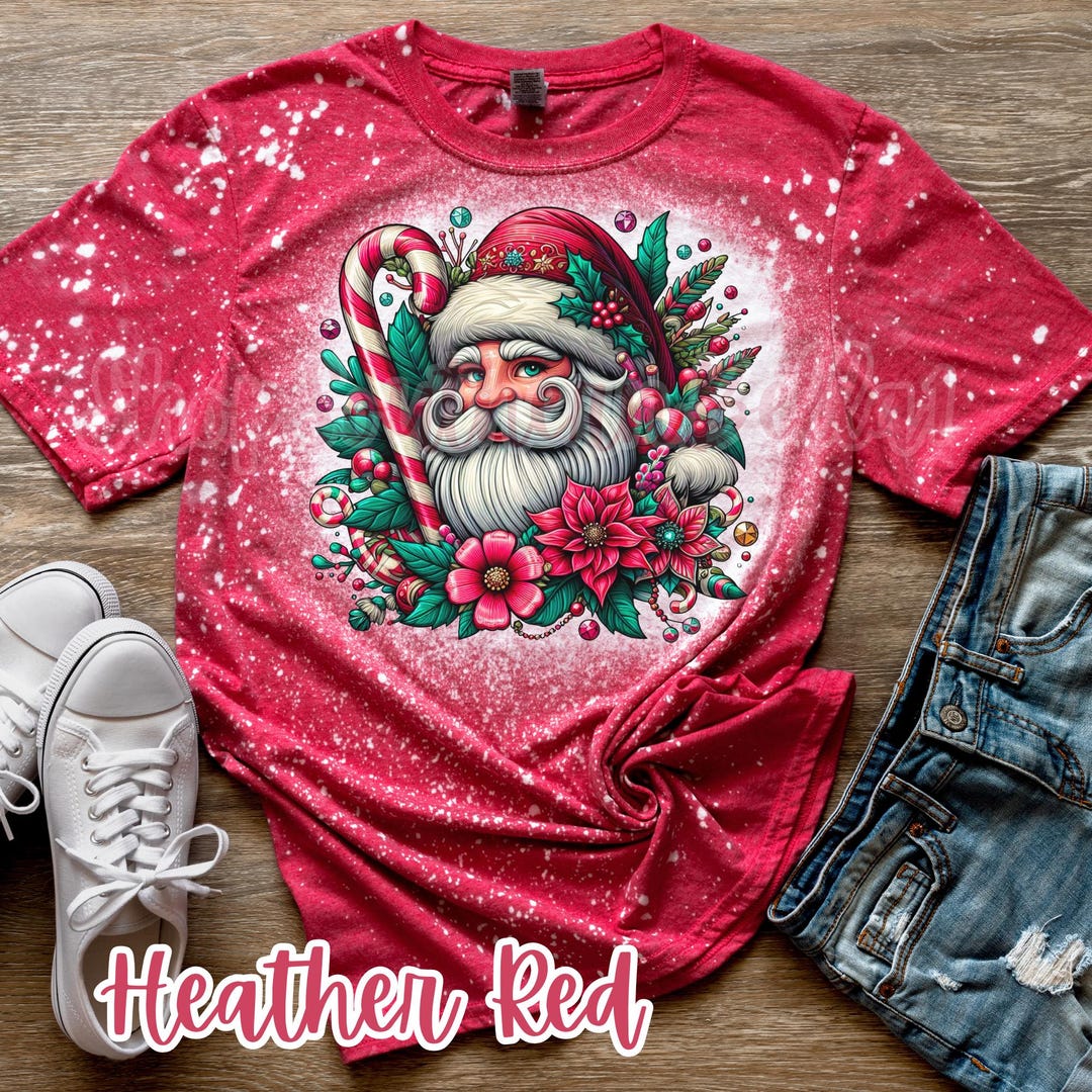 Santa Claus Poinsetta Candy Cane Women Bleach Shirt, Christmas Bleach ...