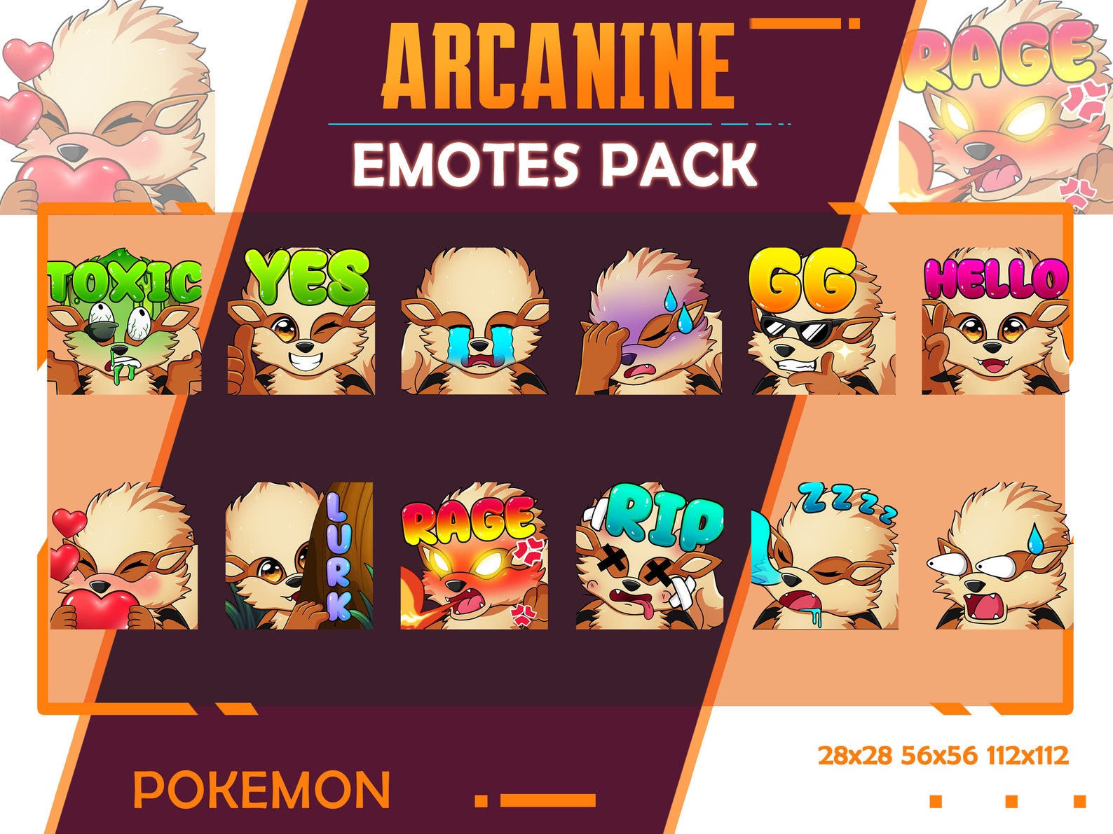 Arcanine Pokemon Emotes, Twitch Emote Pack, Streamer Emotes, Youtube ...