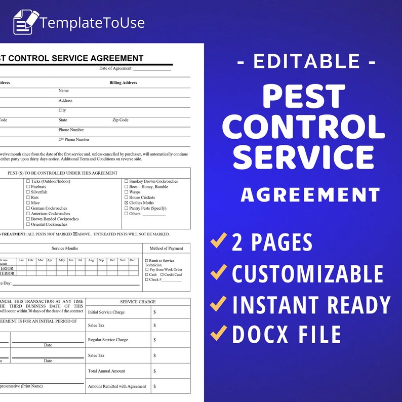 Pest Control Service Agreement for Your Pest Control Business, Editable ...