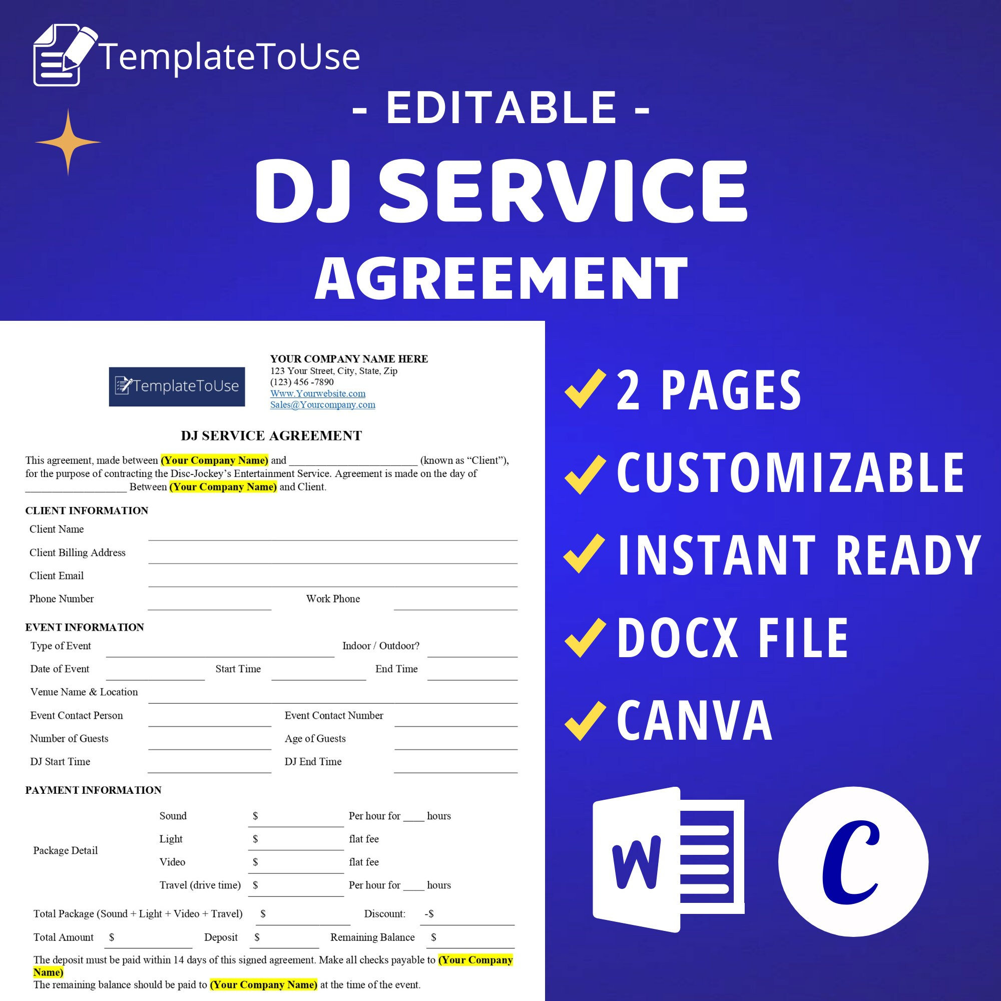 DJ Service Agreement, Wedding, Events Disc Jockey Entertainment Service ...