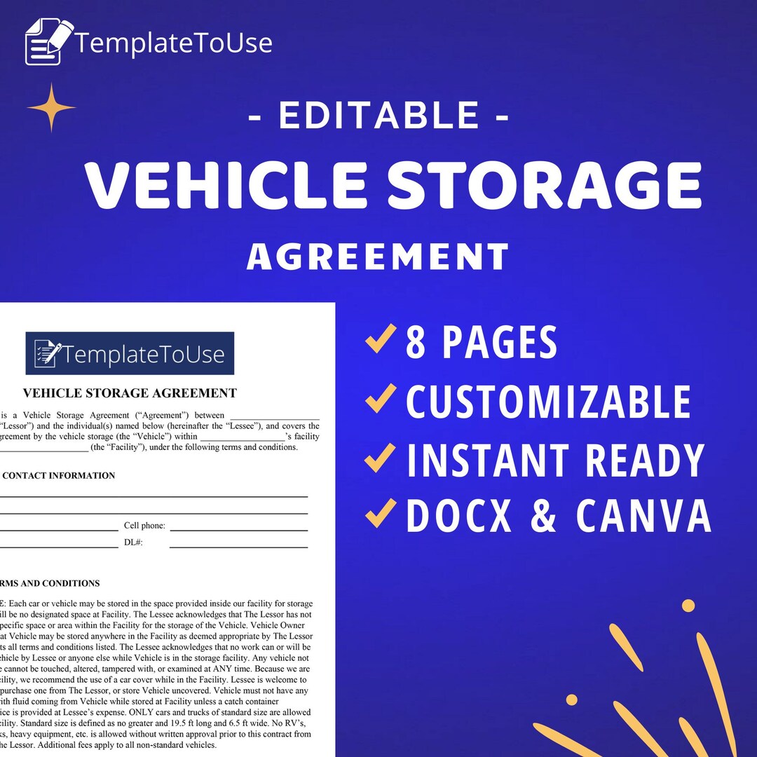 Vehicle Storage Agreement, Car Truck RV Storage Rental Contract ...