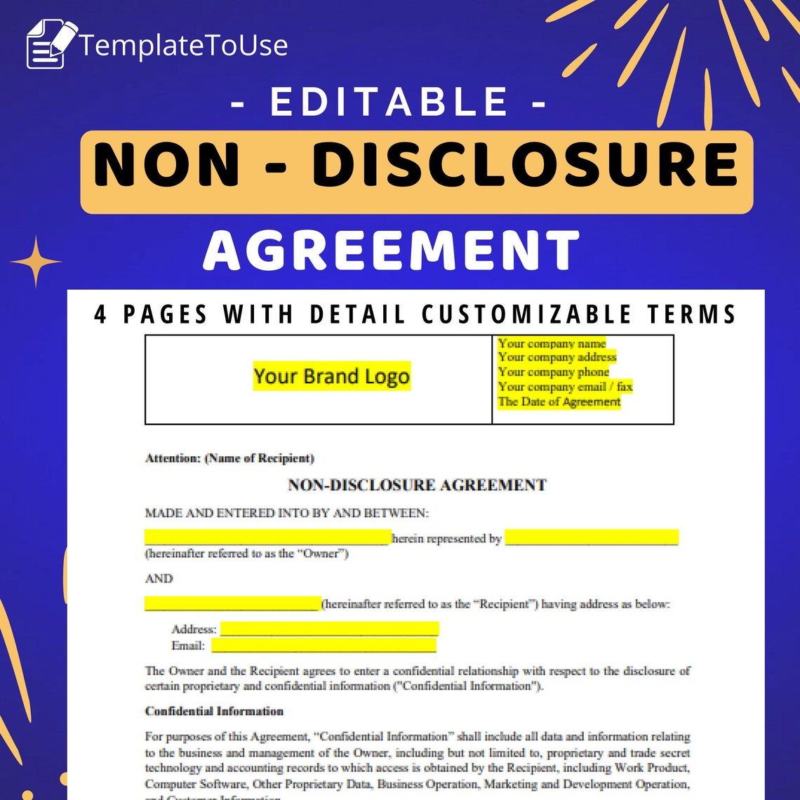 Non-disclosure Agreement, NDA Agreement, NDA Form, NDA Template ...