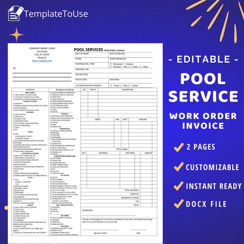 Swimming Pool Service Work Order Invoice, Pool Maintenance, Pool ...