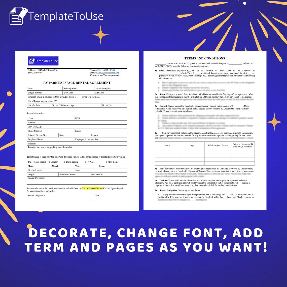 RV Parking Space Rental Agreement, Recreational Vehicle Park Lease ...