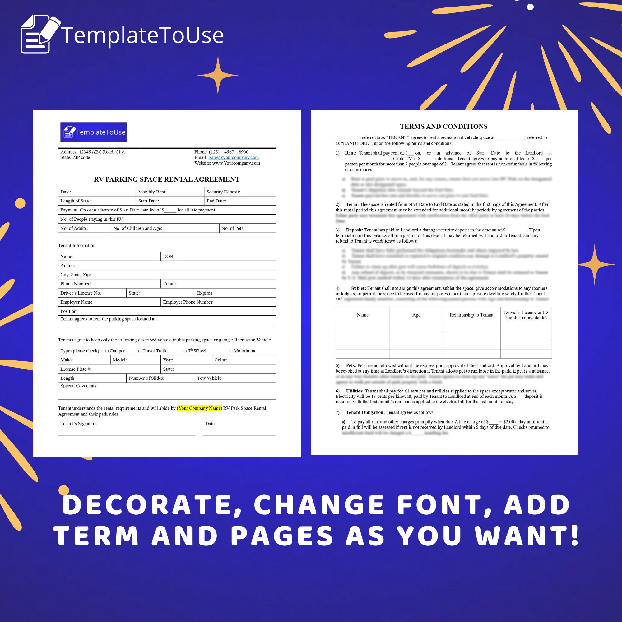 RV Parking Space Rental Agreement, Recreational Vehicle Park Lease ...