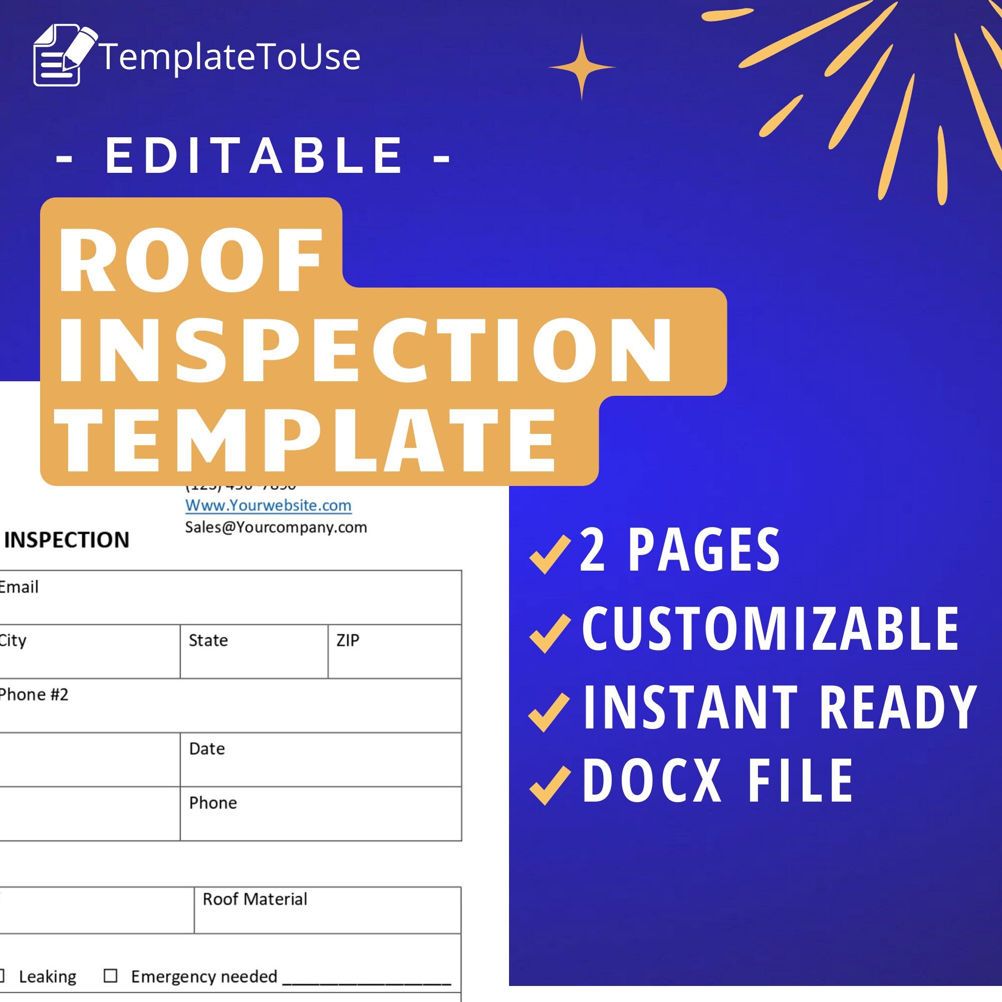 Roof Inspection, Roofing Business, Service Form, Editable Template - Etsy
