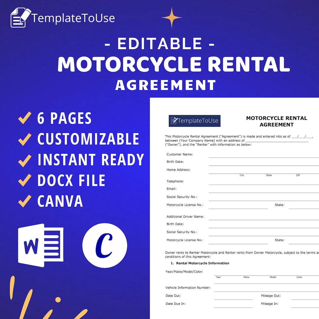 Motorcycle Rental Agreement, Motorbike Lease Contract, Business ...