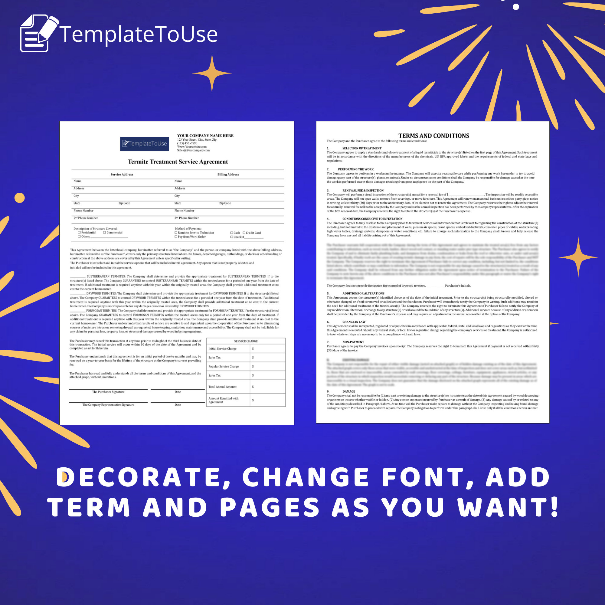 Termite Treatment Service Agreement Contract for Pest Control Business ...