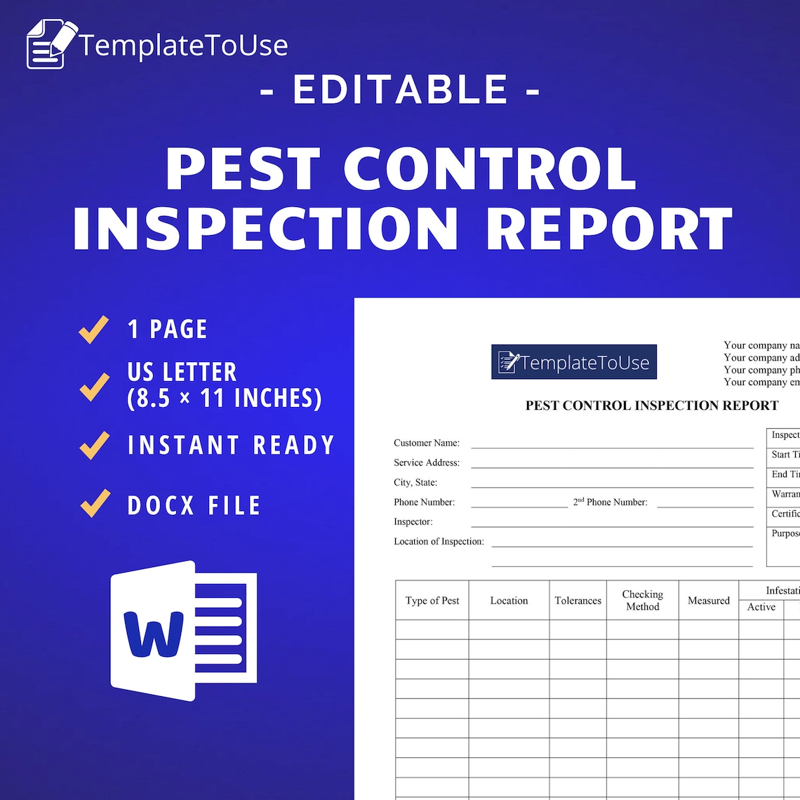 Pest Control Inspection Report, Checklist, Pest Control Template, 1 ...