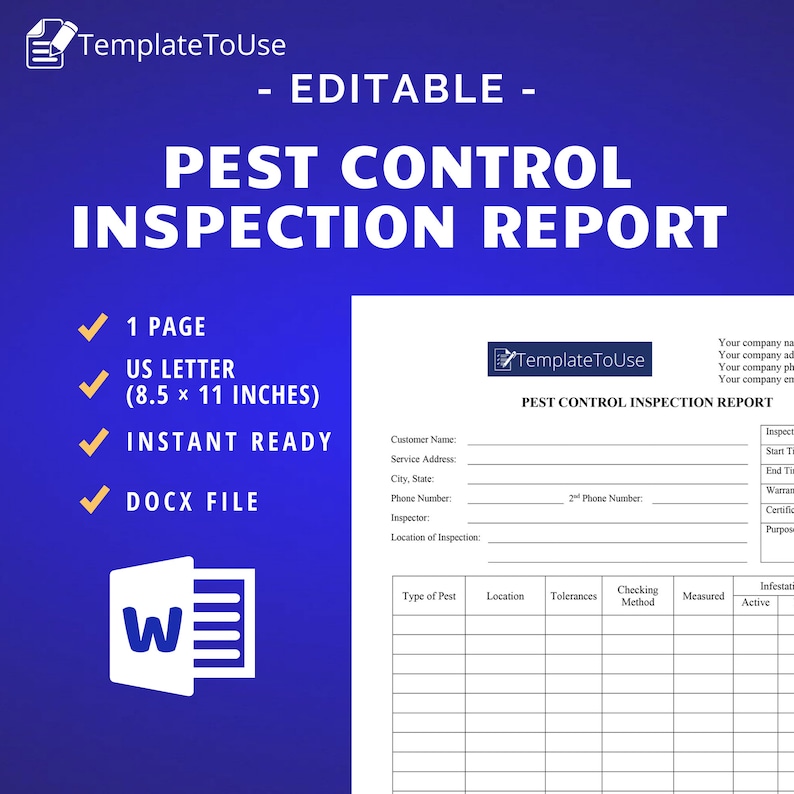 Pest Control Inspection Report, Checklist, Pest Control Template, 1 ...