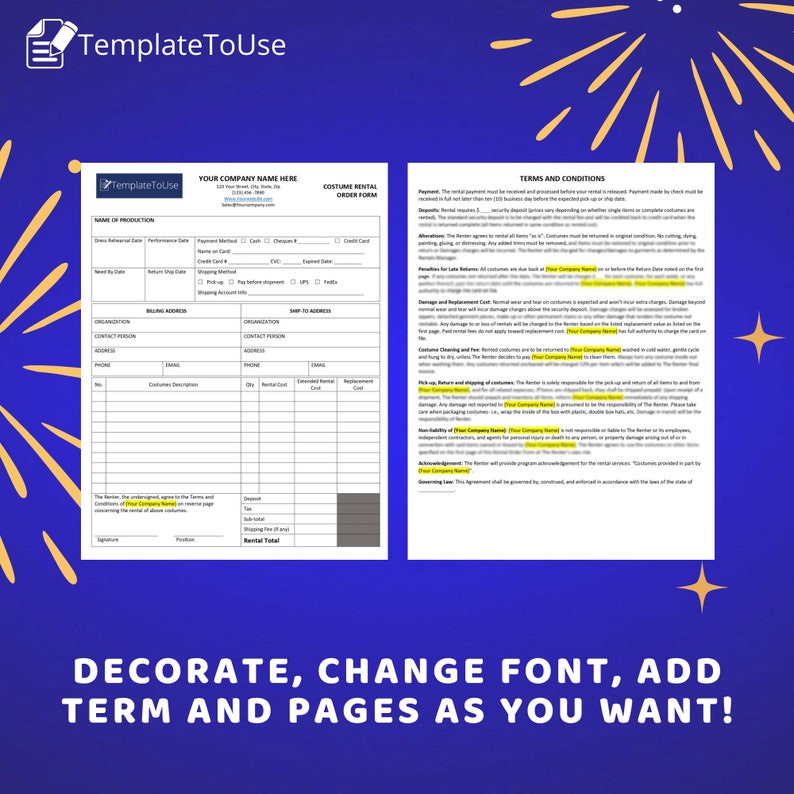 Costume Rental Order Form, Costume Lease Agreement, Business Contract ...