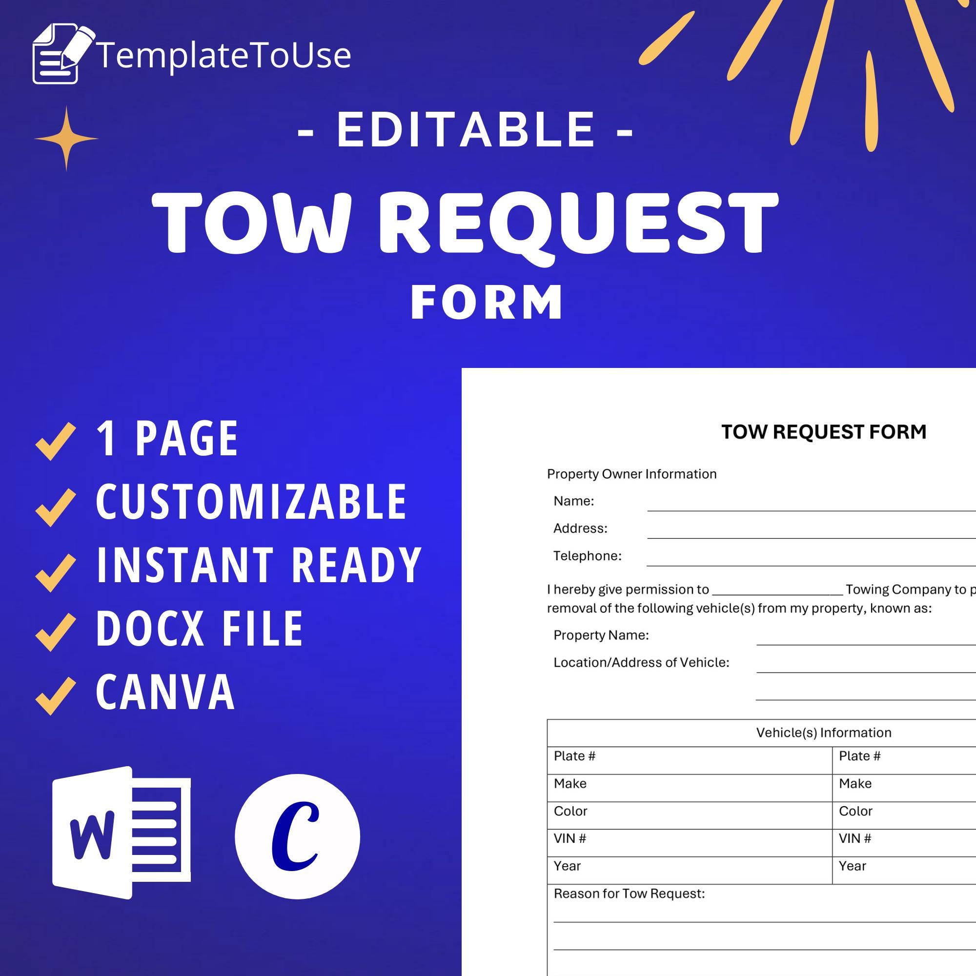Tow Request Form for Towing Company, for Private Property, Wrecker ...