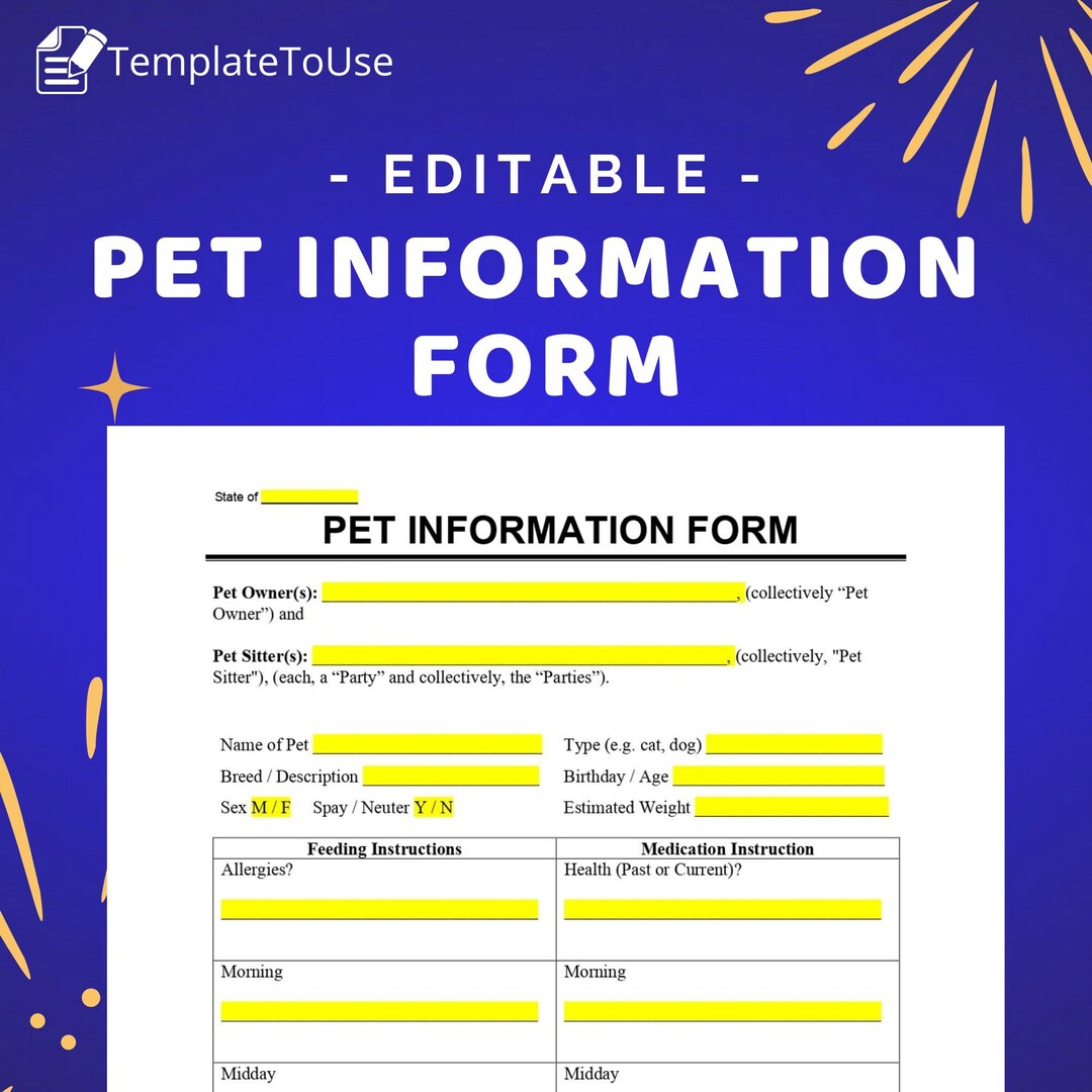 Editable Pet Information Form, Appendix for Contract, Docx Template ...