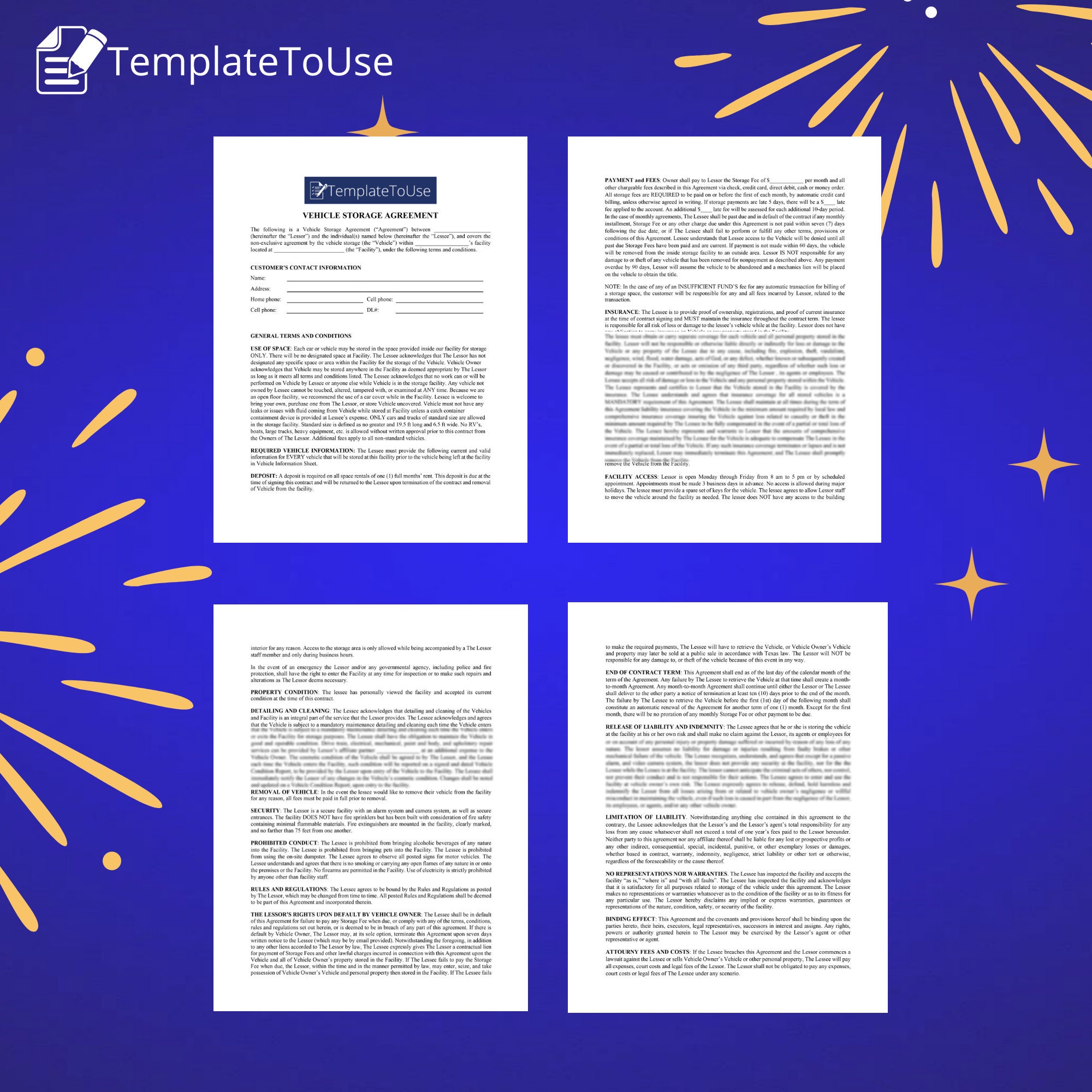 Vehicle Storage Agreement, Car Truck RV Storage Rental Contract ...