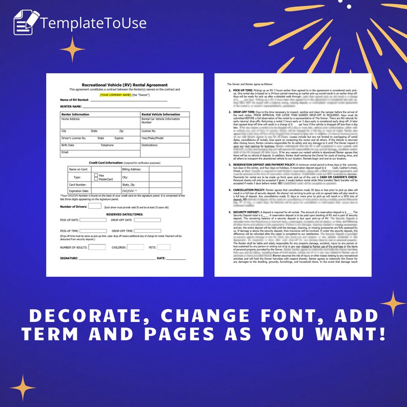 RV Recreational Vehicle Rental Agreement, Travel Motorhome Lease ...