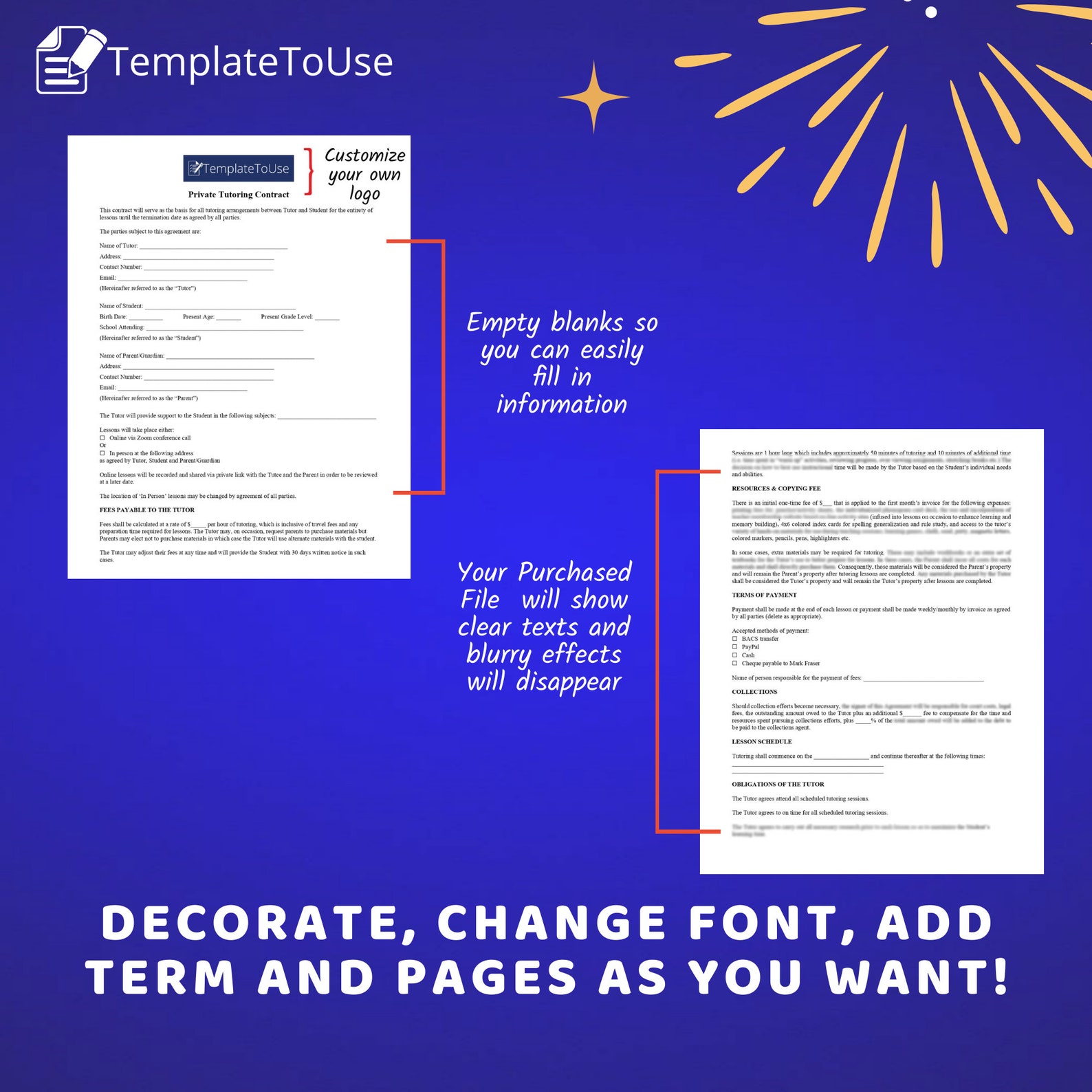 Tutor Contract, Tutoring Agreement, Private Tutoring, Business Contract ...