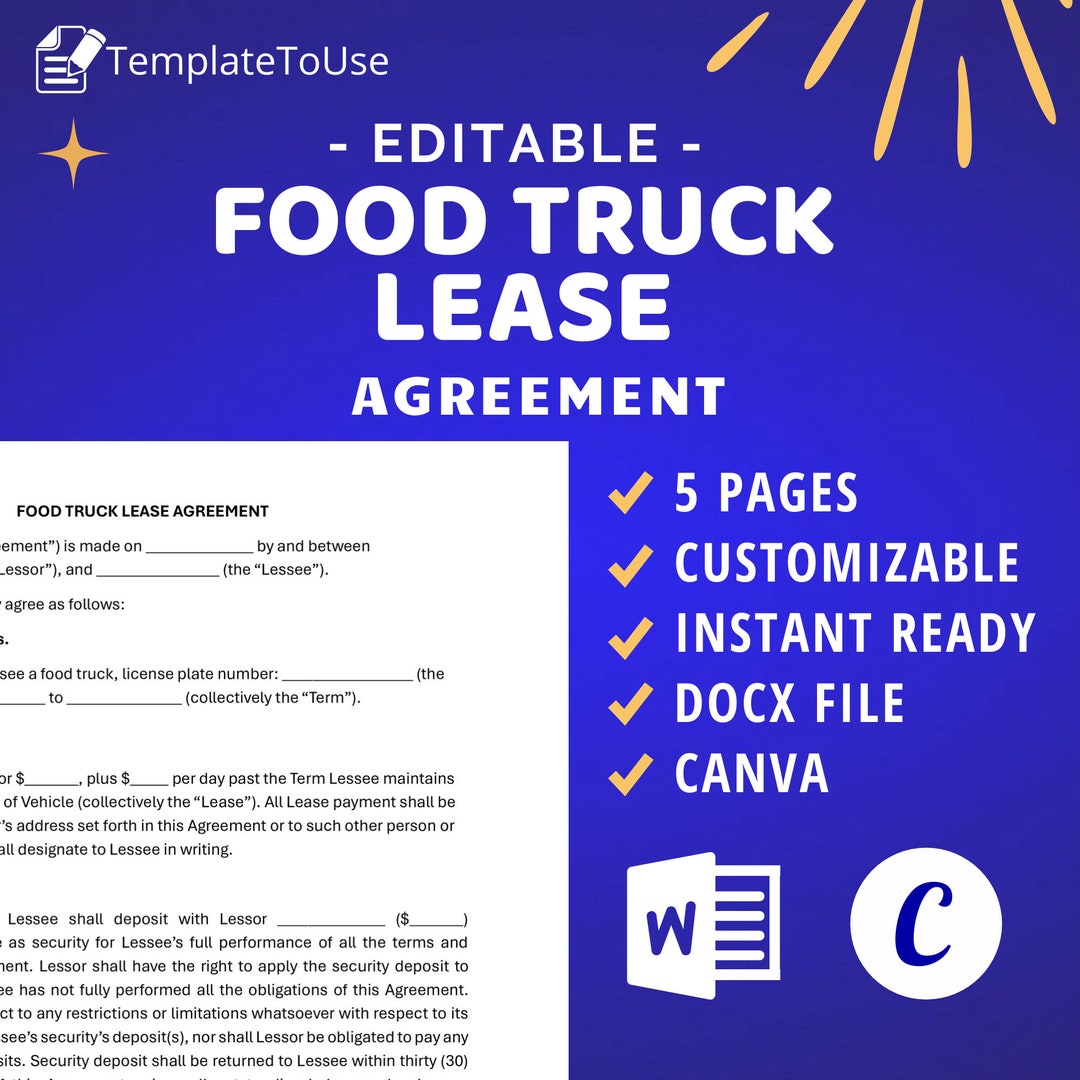 Food Truck Lease Agreement Template, Editable Vehicle Rental (docx ...