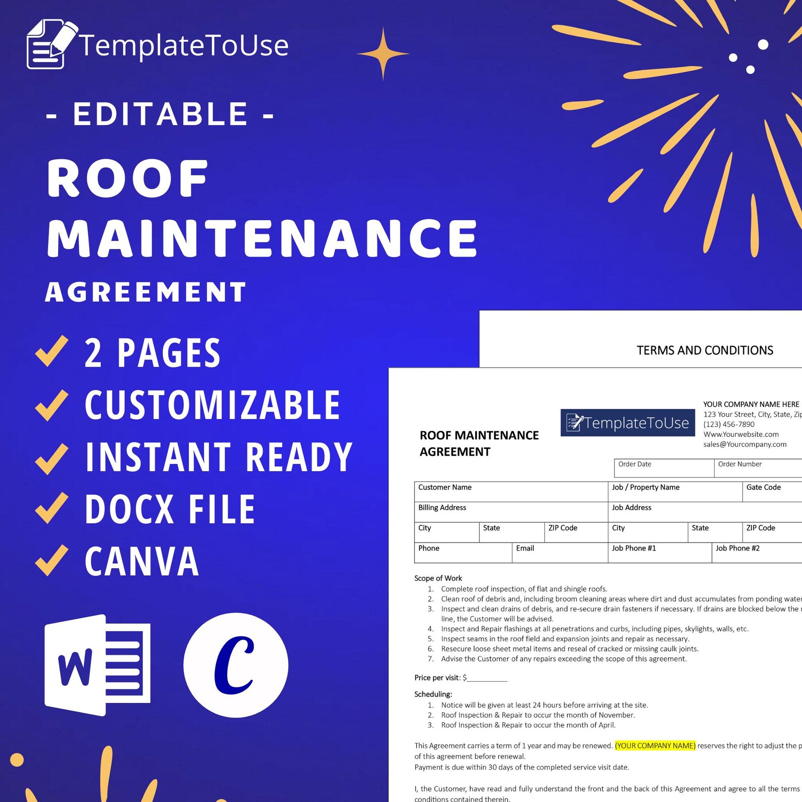 Roofing Service Agreement Bundle, Editable Templates (docx, Canva) - Etsy
