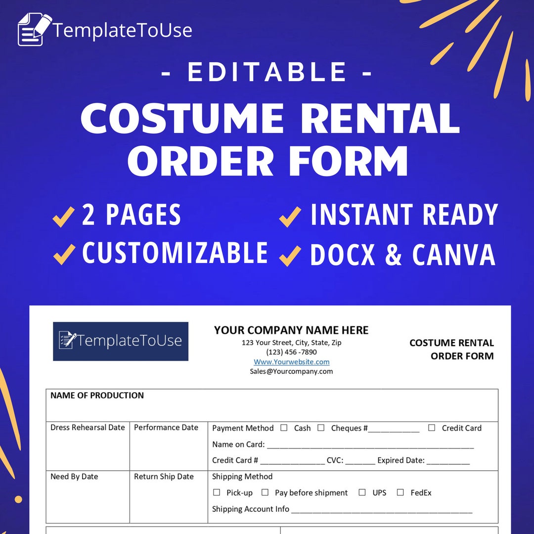 Costume Rental Order Form, Costume Lease Agreement, Business Contract ...