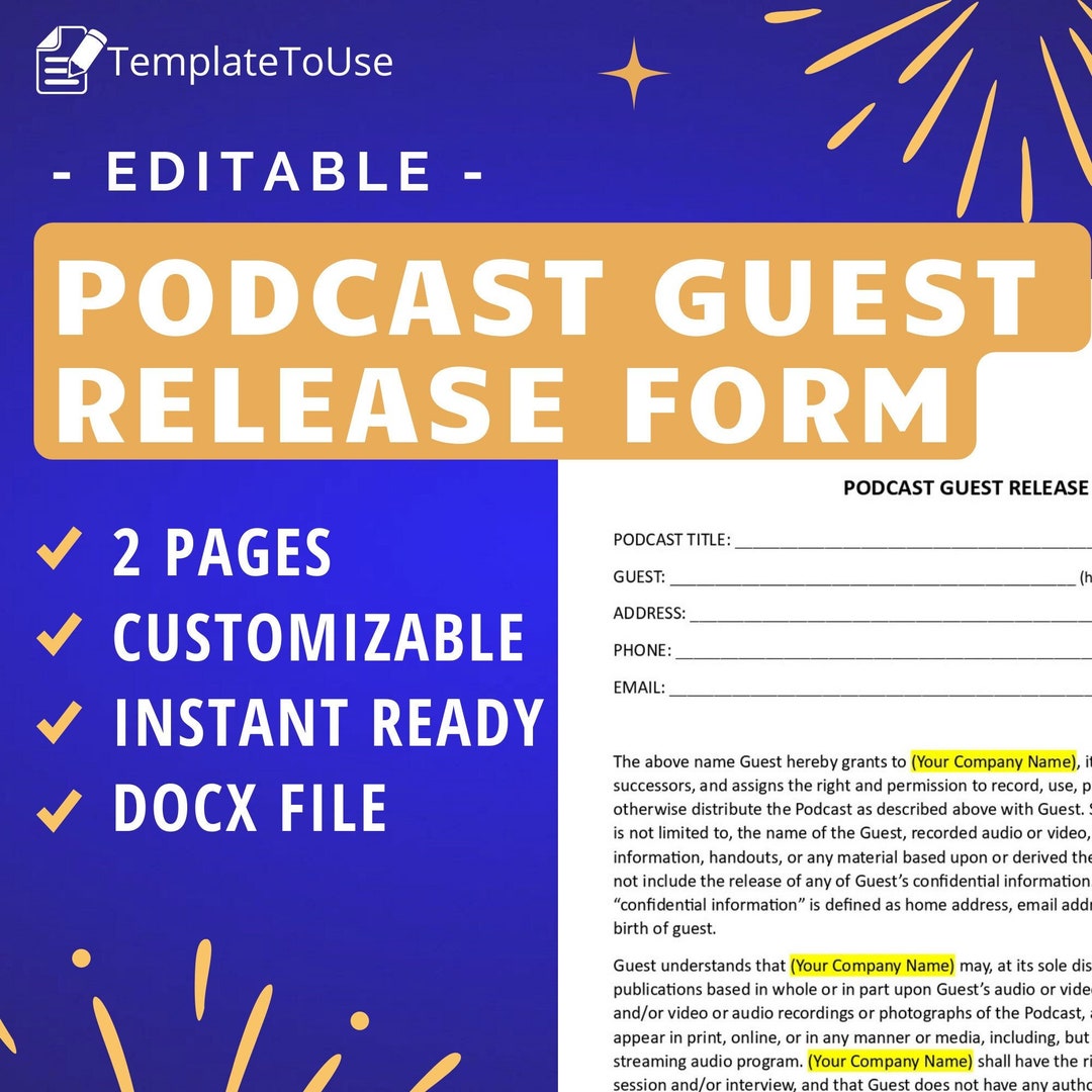 Podcast Guest Release Form, Podcast Guest Agreement, Contract, Editable ...