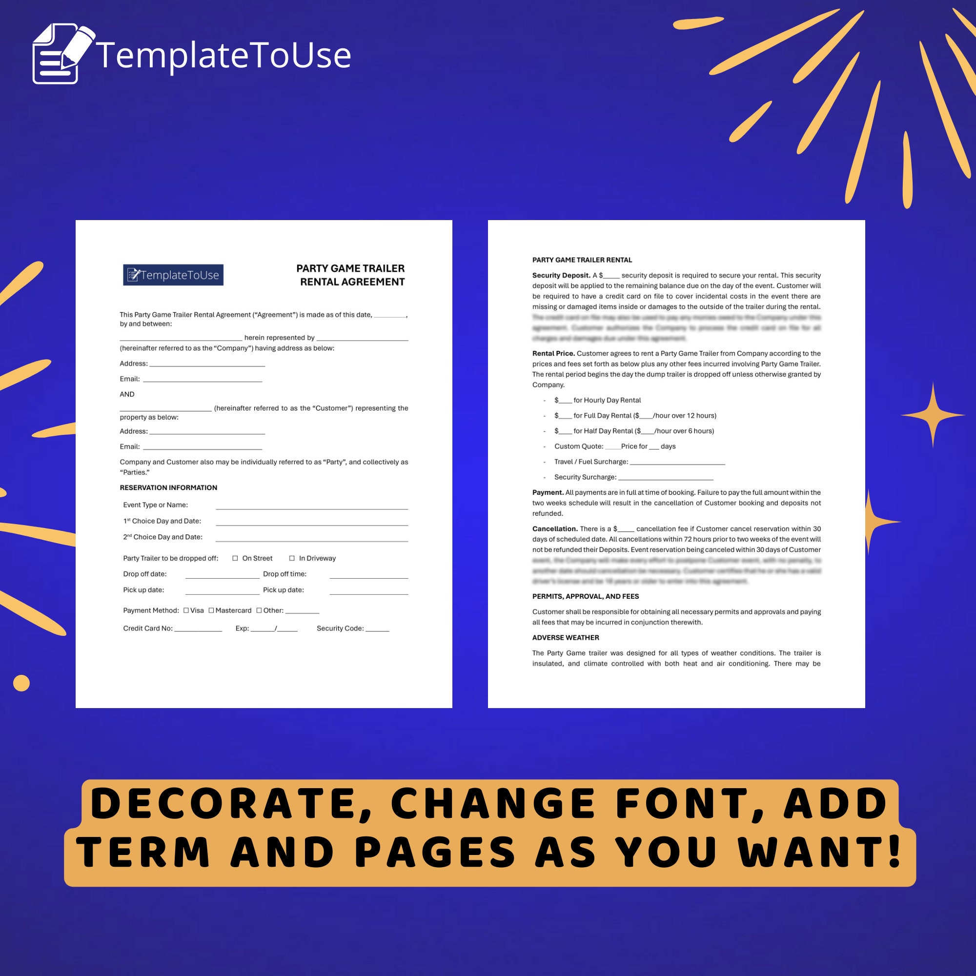 Party Game Trailer Rental Agreement Template, Editable Contract (docx ...
