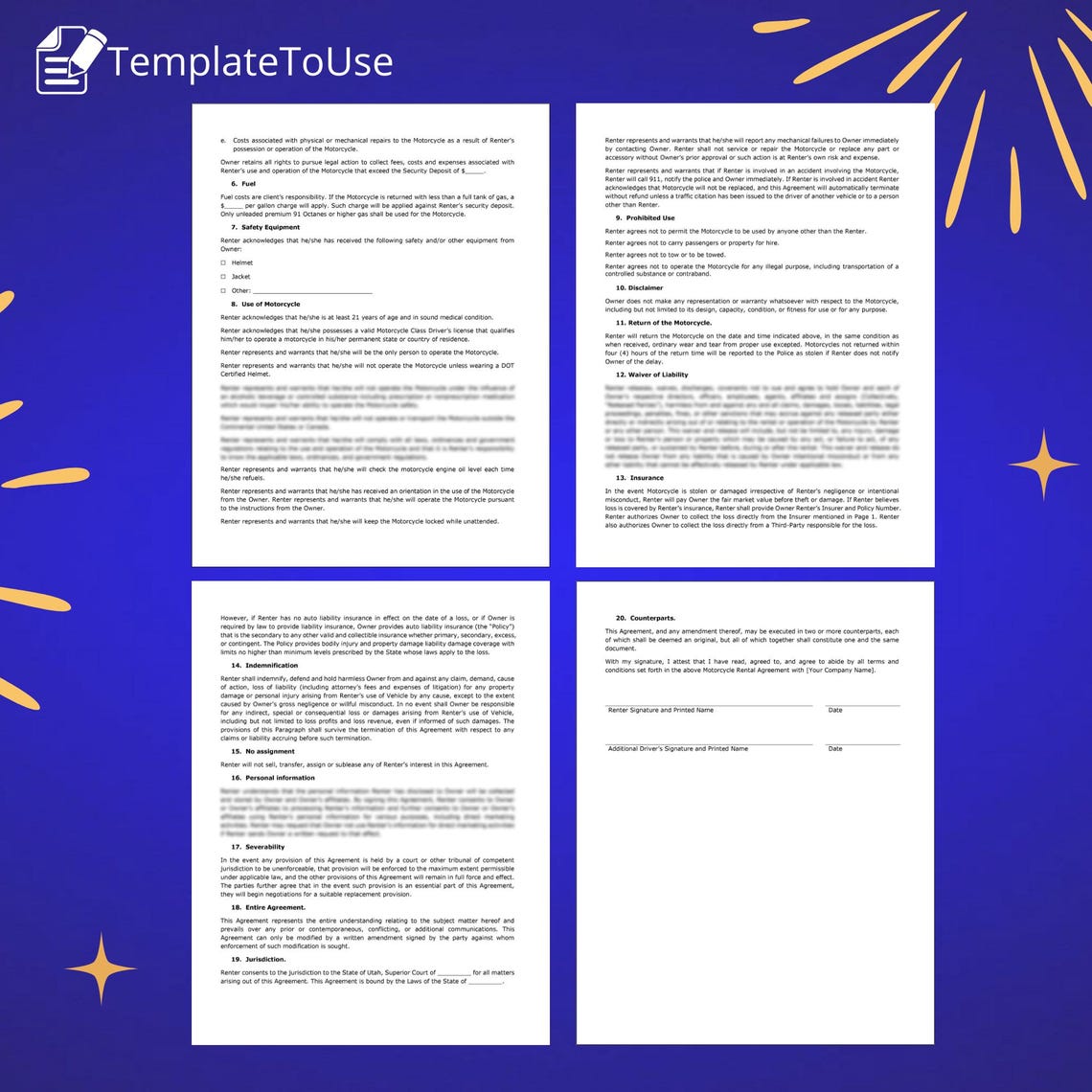 Motorcycle Rental Agreement, Motorbike Lease Contract, Business ...