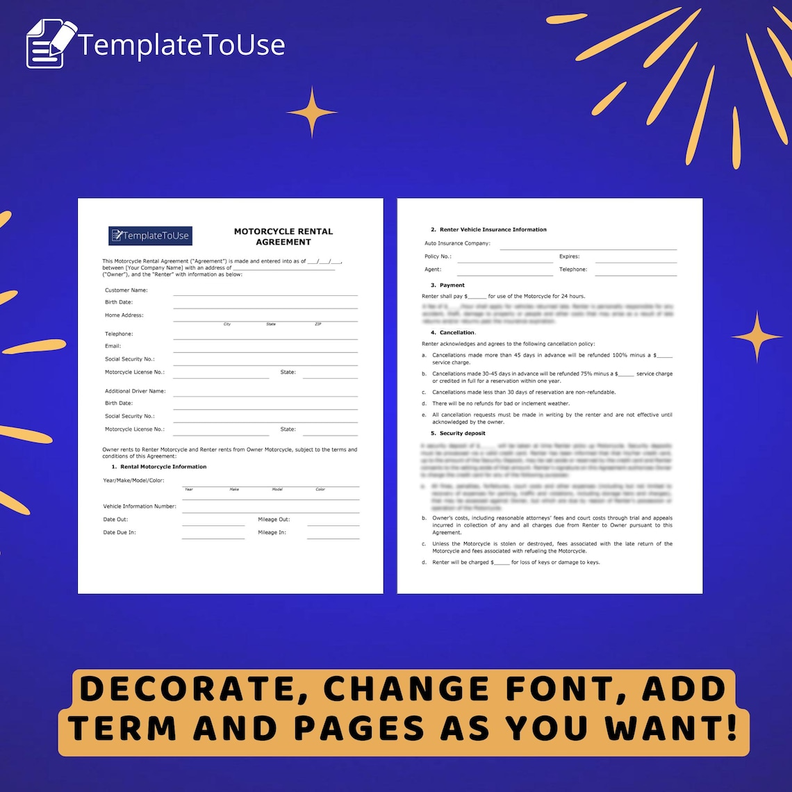 Motorcycle Rental Agreement, Motorbike Lease Contract, Business ...