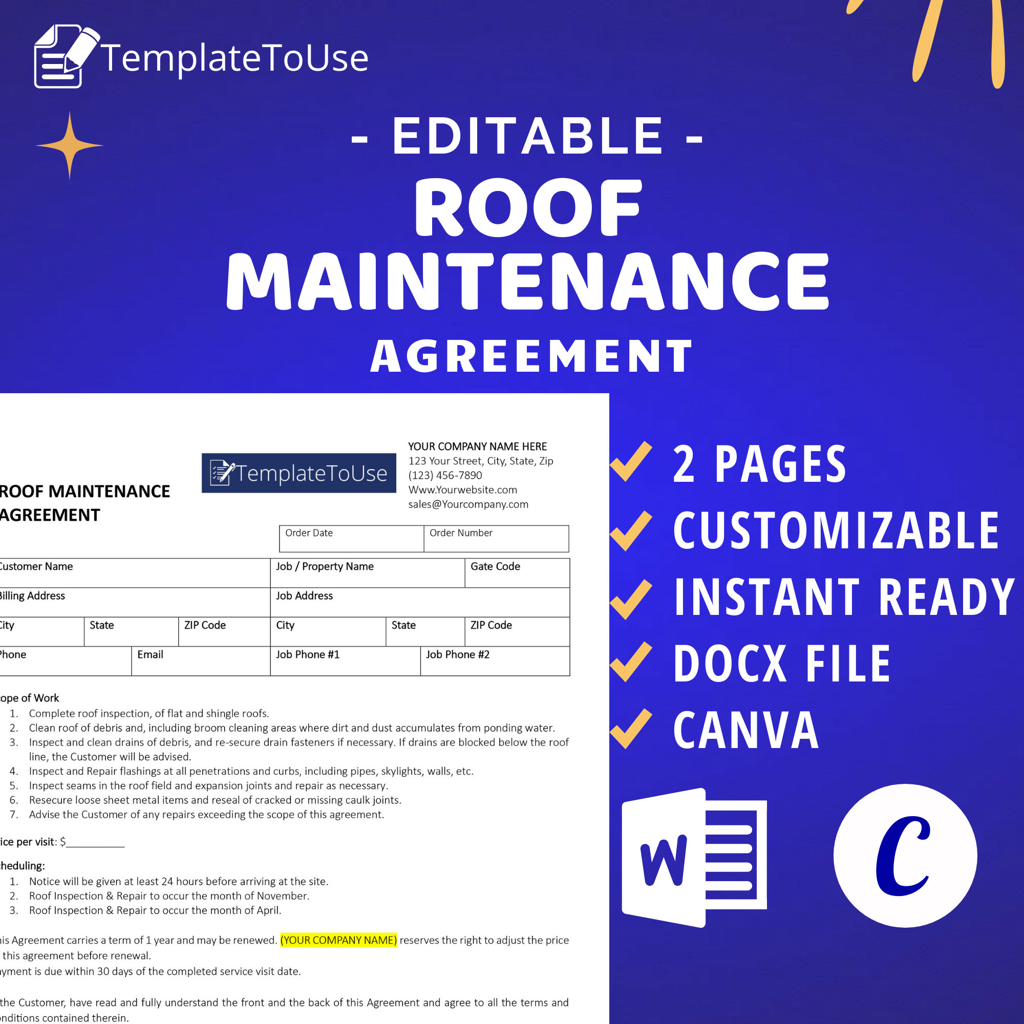 Roof Maintenance Agreement Template, Roofing Contract, Docx, Canva - Etsy
