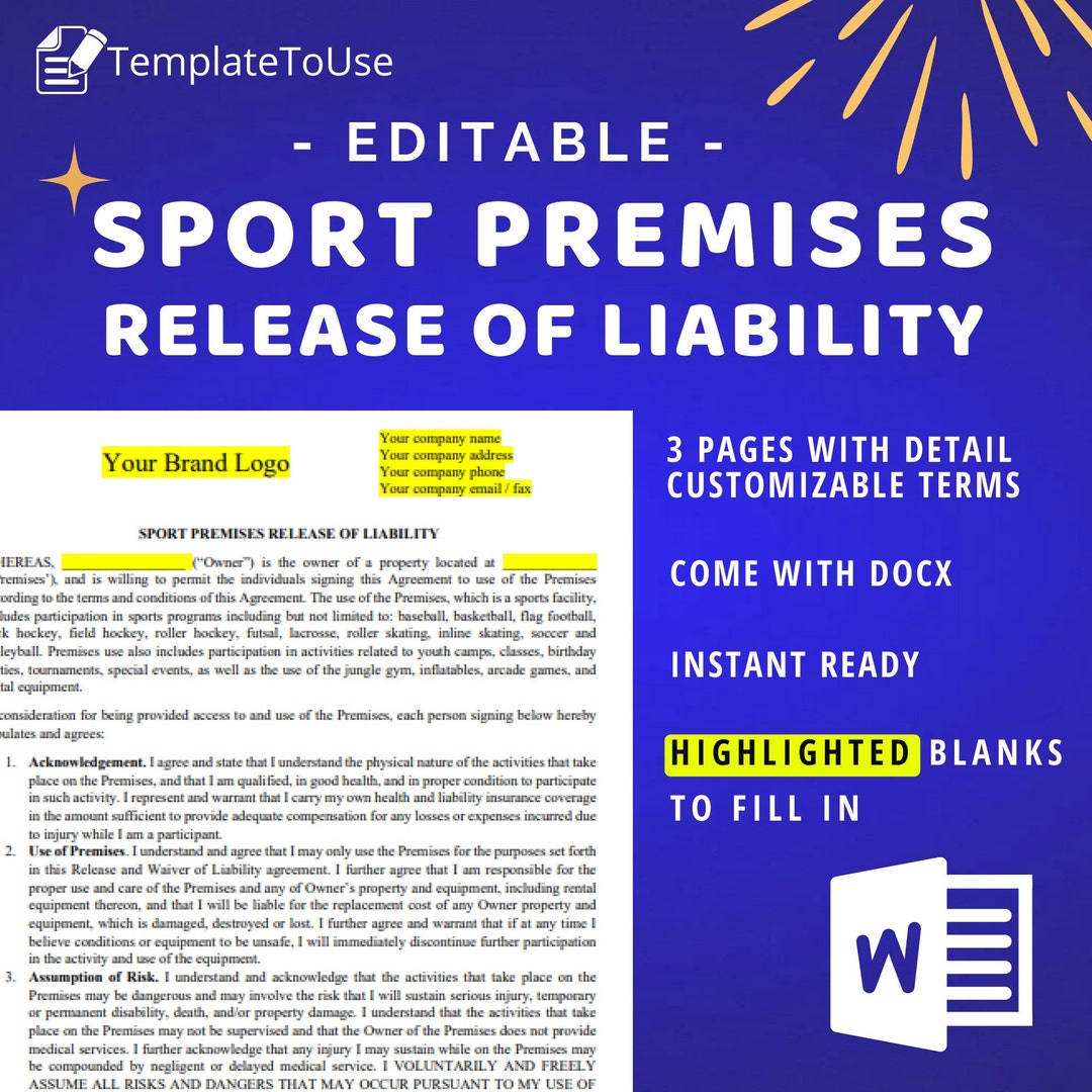 Sport Premises Release of Liability, Gym Client Liability Release, Gym ...