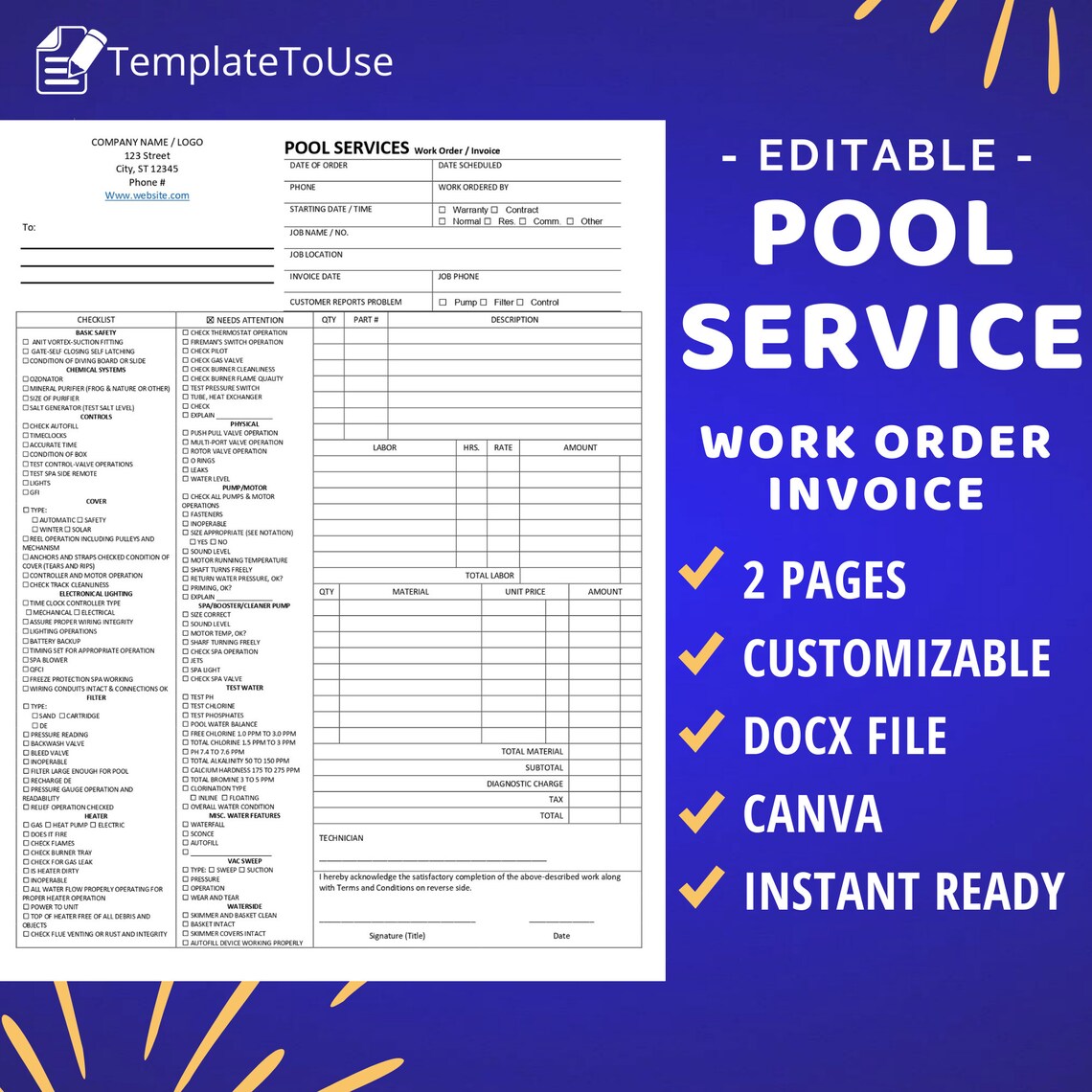 Editable Pool Service Work Order Invoice Template (canva & Word) - Etsy