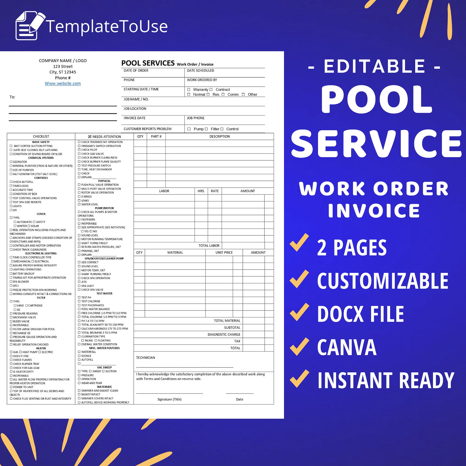 Swimming Pool Service Work Order Invoice, Pool Maintenance, Pool ...