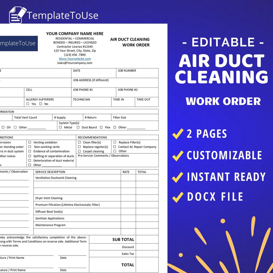Air Duct Cleaning Work Order, Dryer Vent Cleaning, Business Template ...