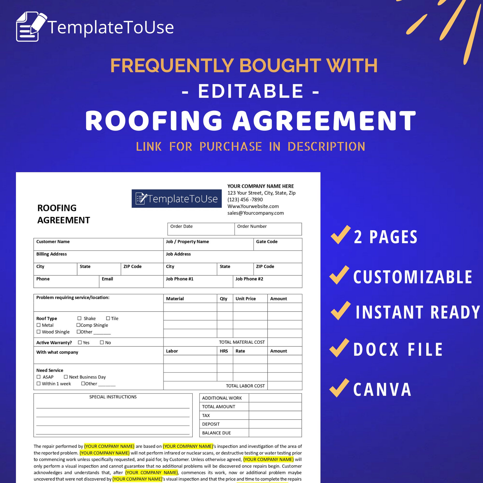 Roof Inspection, Roofing Business, Service Form, Editable Template ...