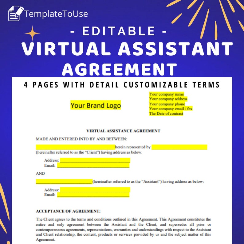 Virtual Assistant Agreement Contract Editable Template for - Etsy