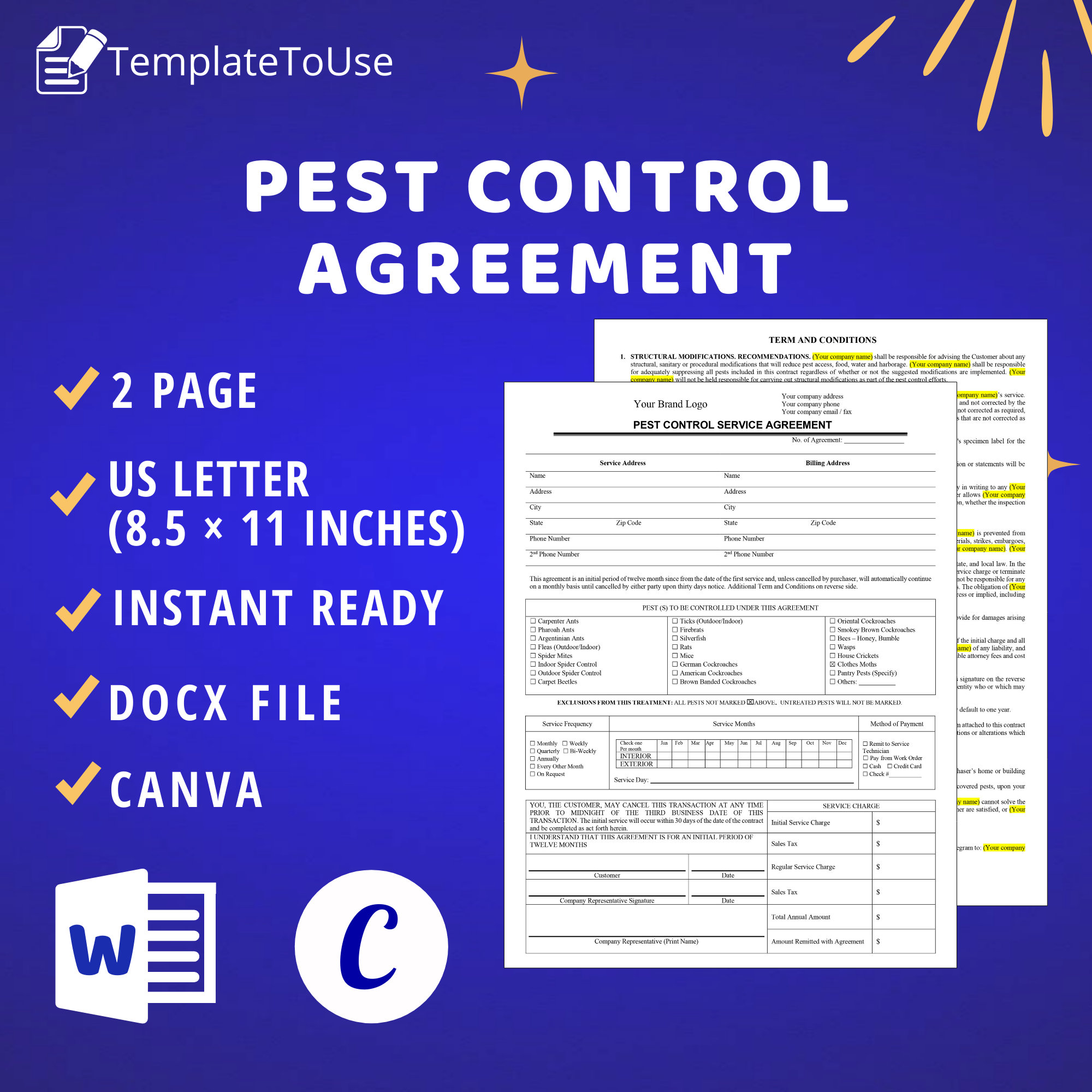 Pest Control Service Bundle, Agreement, Invoice, Service Record for ...