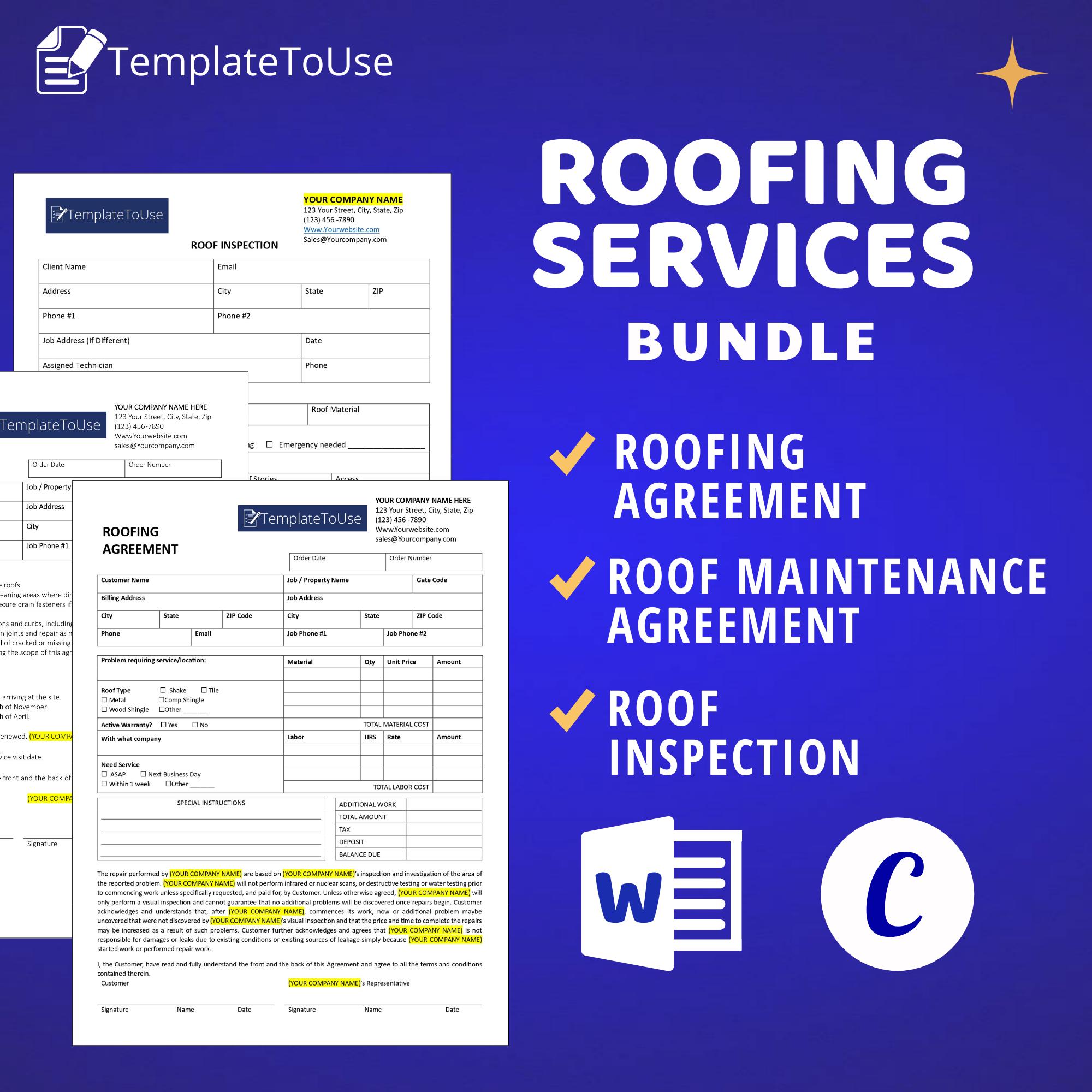 Roofing Service Agreement Bundle, Editable Templates (docx, Canva) - Etsy