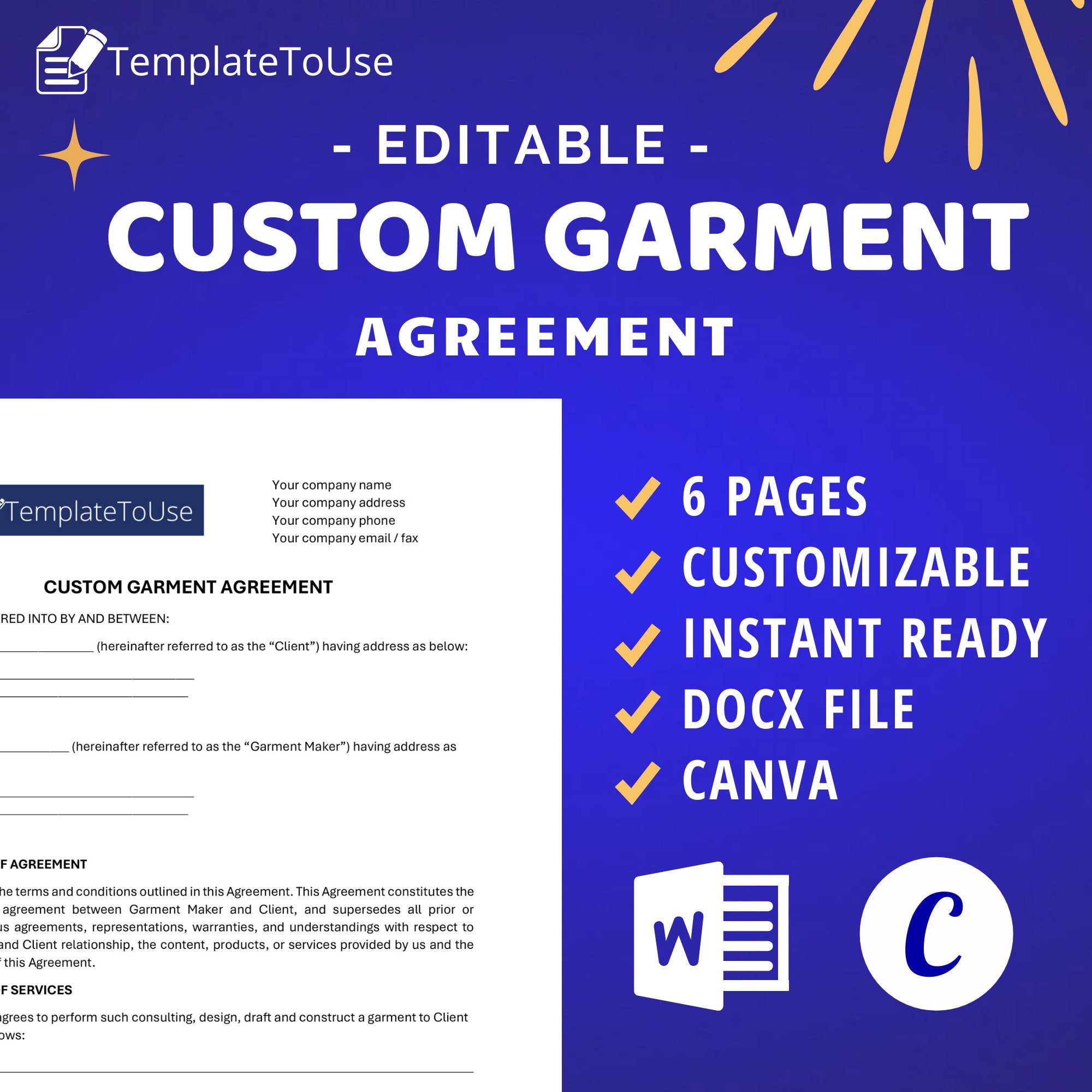 Custom Garment Agreement, Tailor Made Clothing Contract With Sewing ...