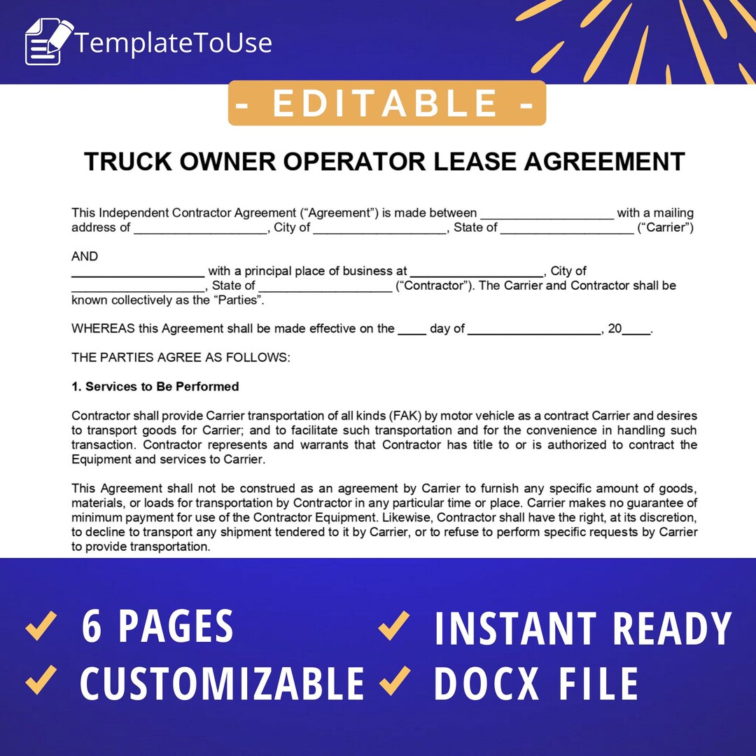 Truck Owner Operator Lease Agreement, Business Contract, Docx, Editable ...