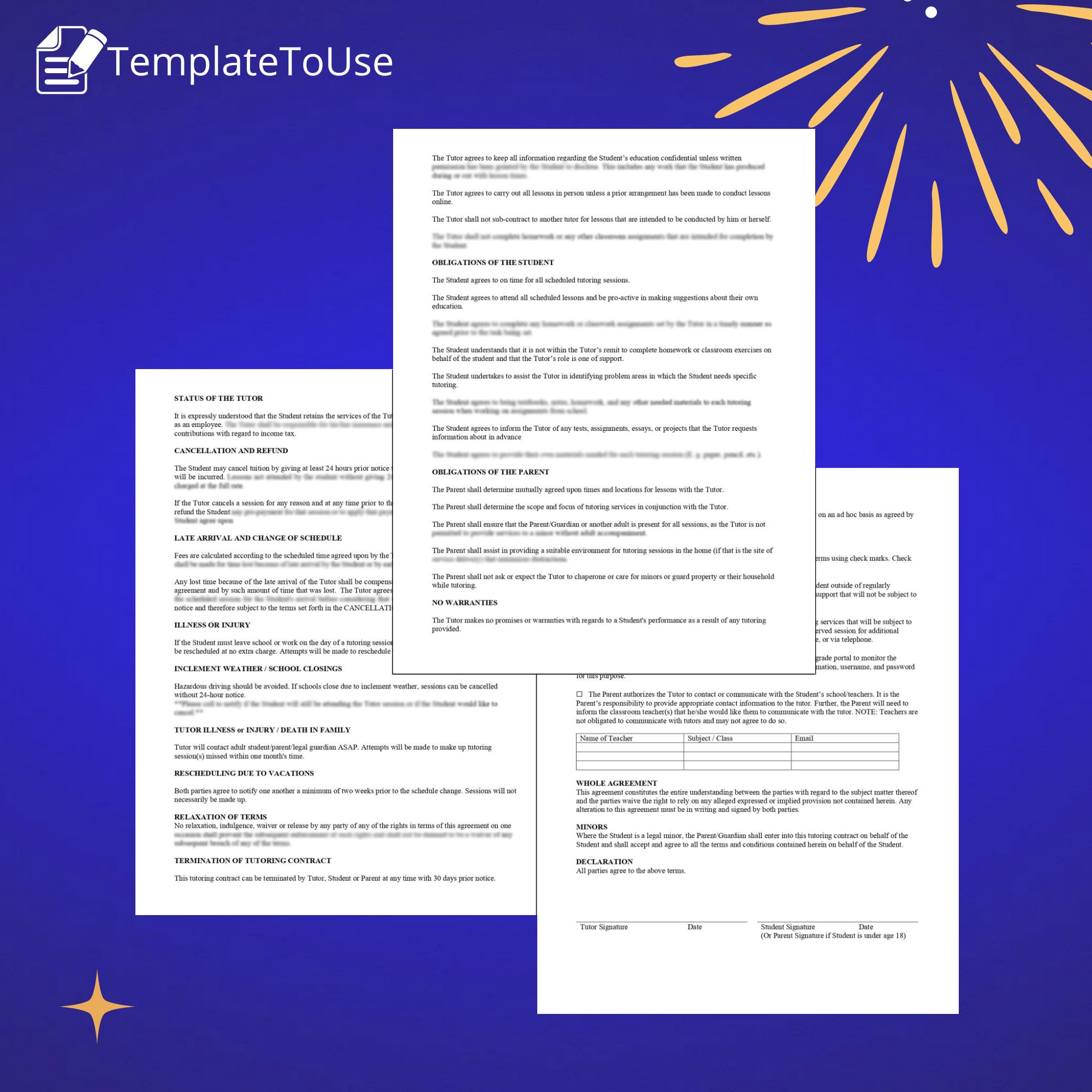 Tutor Contract, Tutoring Agreement, Private Tutoring, Business Contract ...