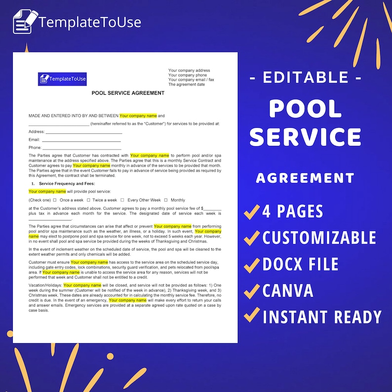 Swimming Pool Service Agreement, Swimming Pool Maintenance Contract ...