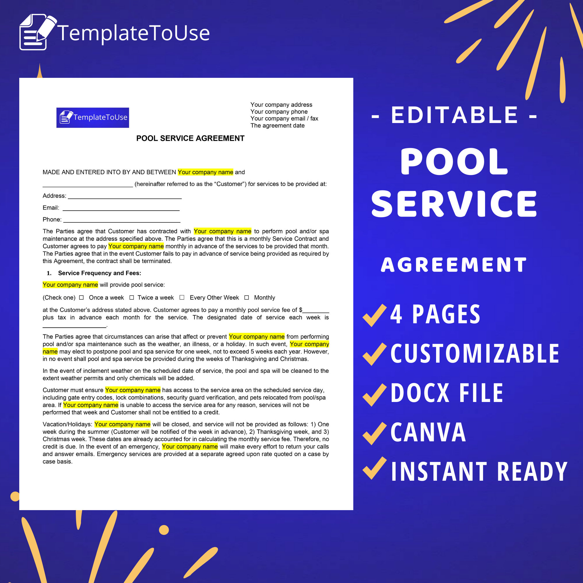 Swimming Pool Service Agreement, Swimming Pool Maintenance Contract ...