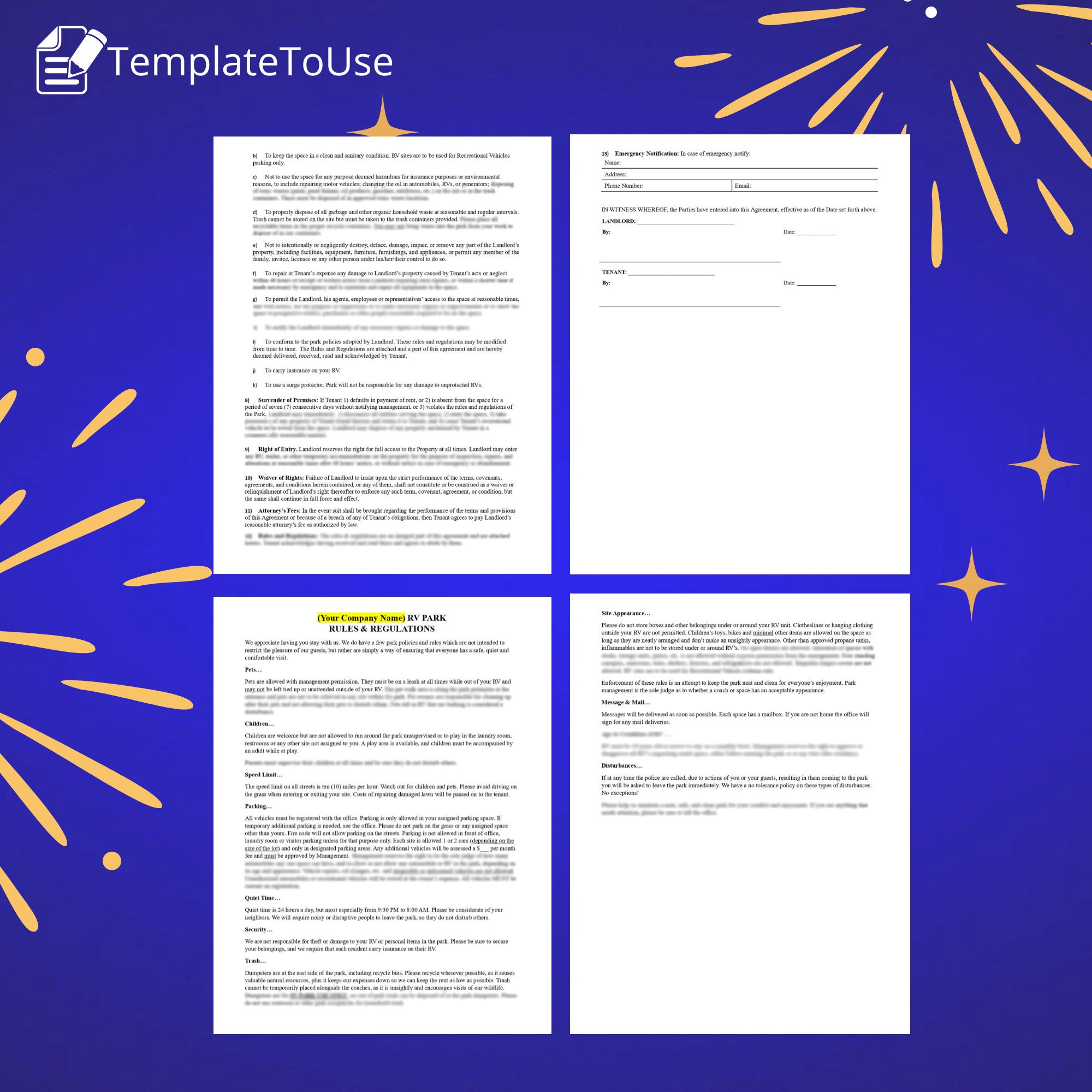 RV Parking Space Rental Agreement, Recreational Vehicle Park Lease ...