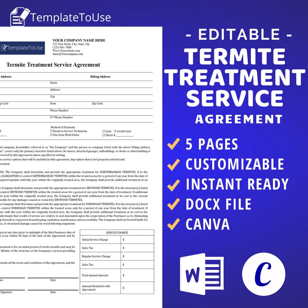 Termite Treatment Service Agreement Contract for Pest Control Business ...