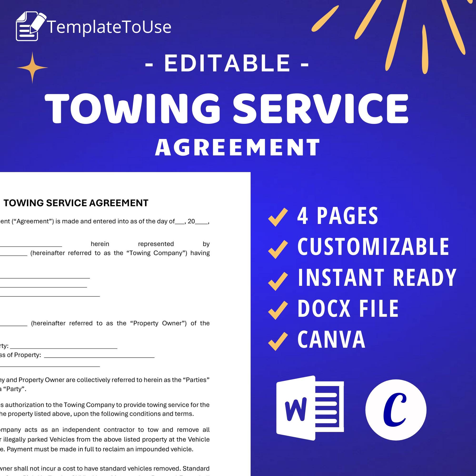 Towing Service Agreement Contract With Tow Request Form, for Private ...