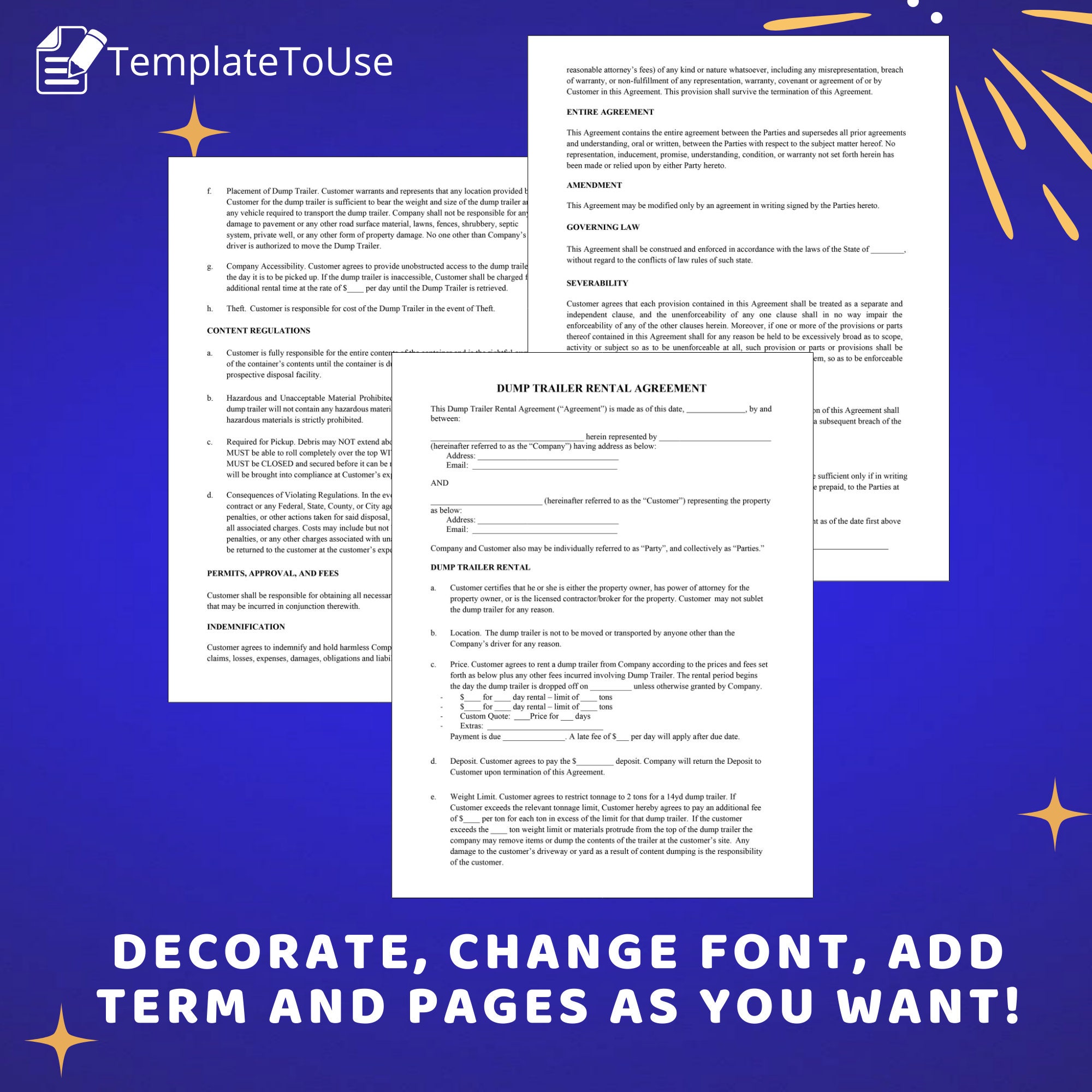 Dump Trailer Rental Agreement, Dump Trailer Lease Agreement, Business ...